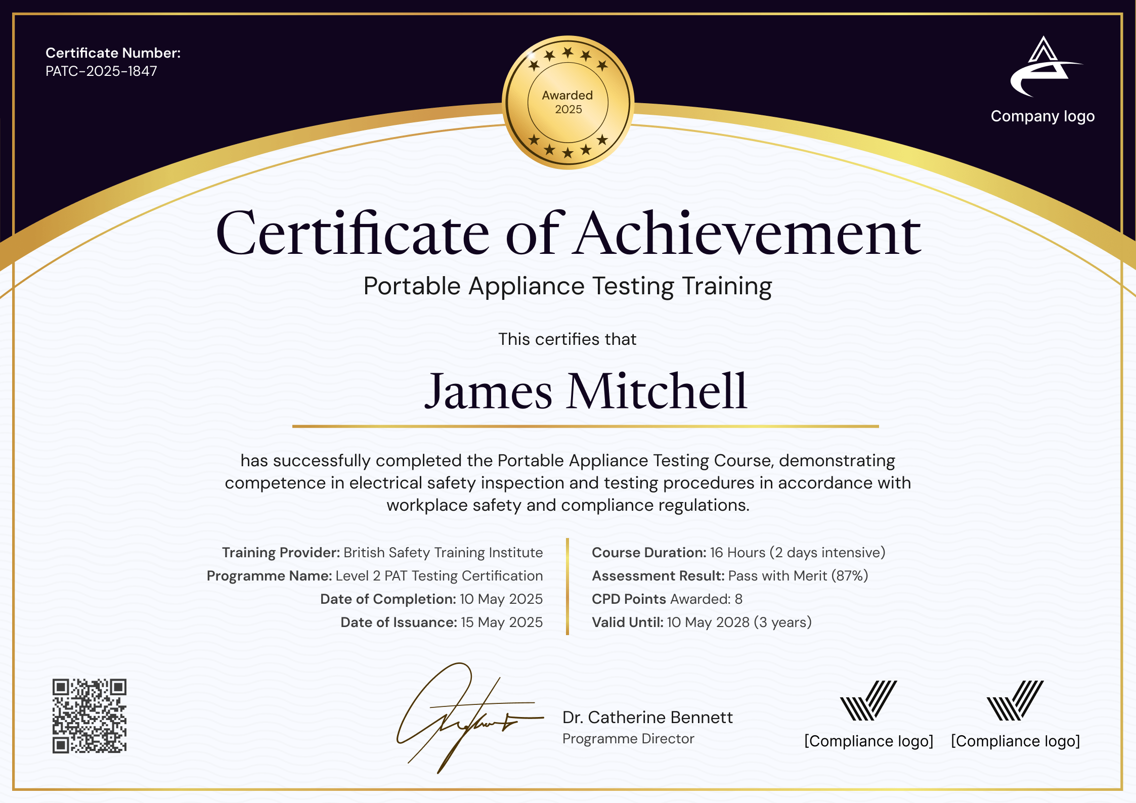 Modern and bold PAT testing certificate template