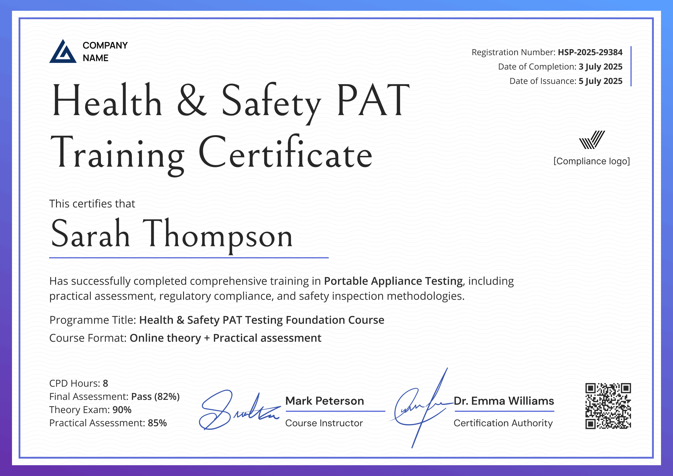 Modern and confident PAT testing certificate template