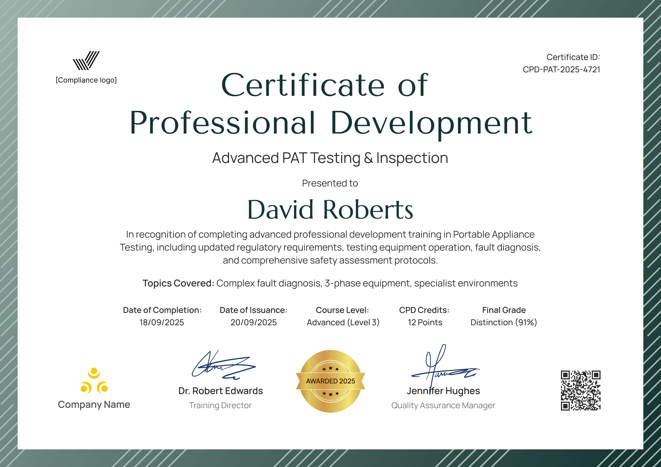 Modern and efficient PAT testing certificate template