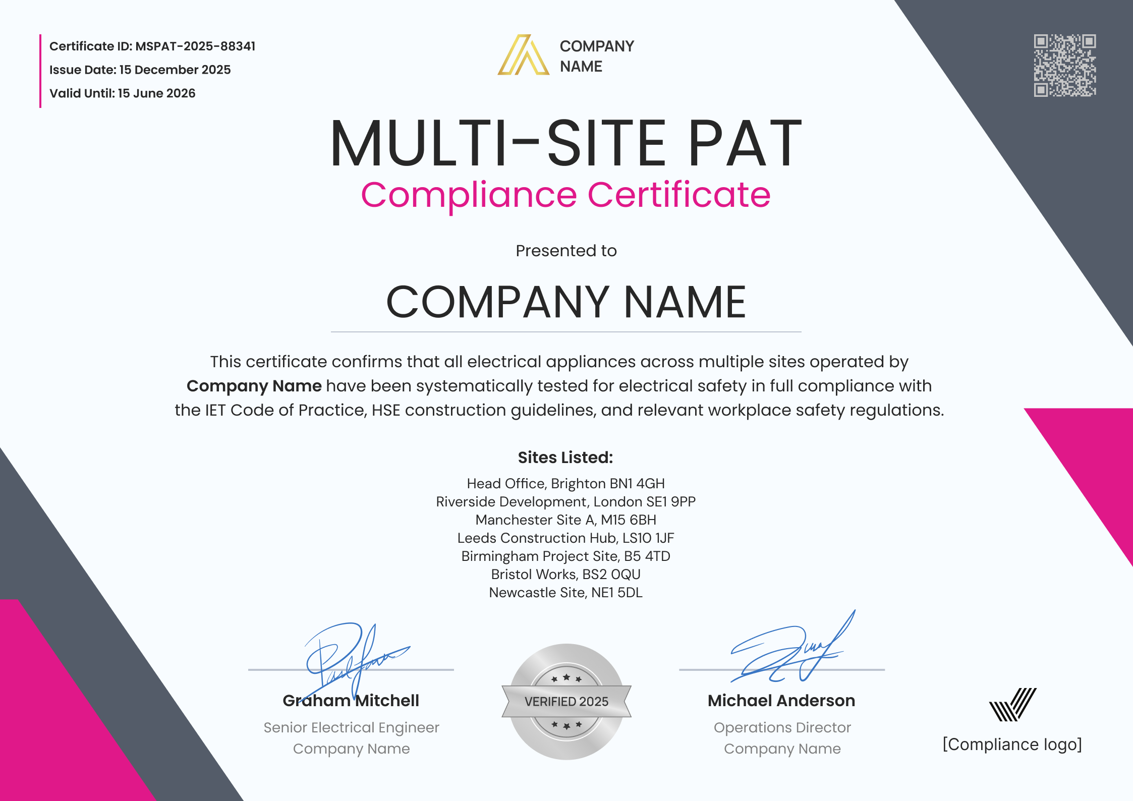 Modern and sleek PAT testing certificate template