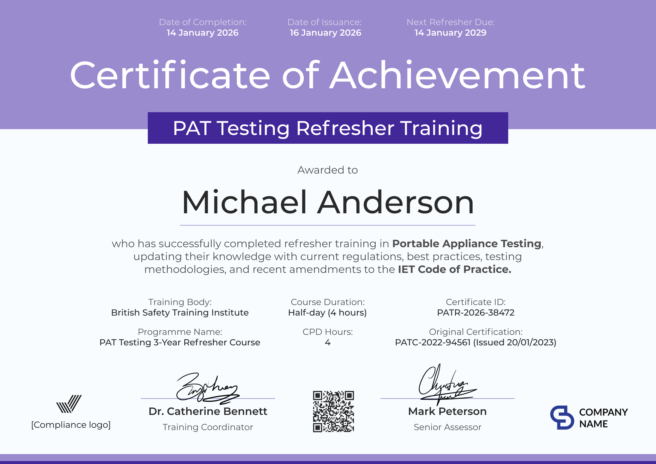 Simple and calm PAT testing certificate template