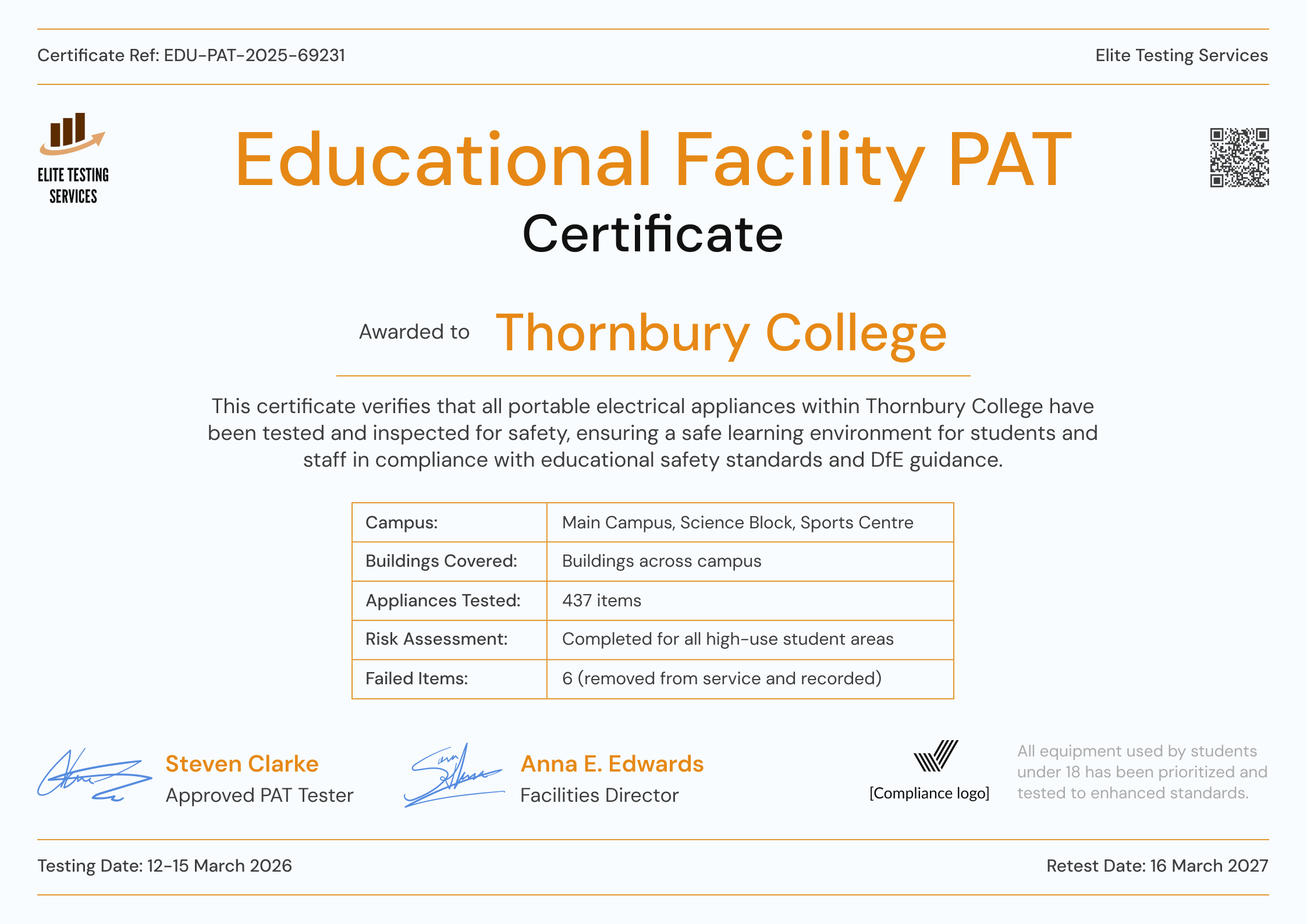 Simple and bright PAT testing certificate template