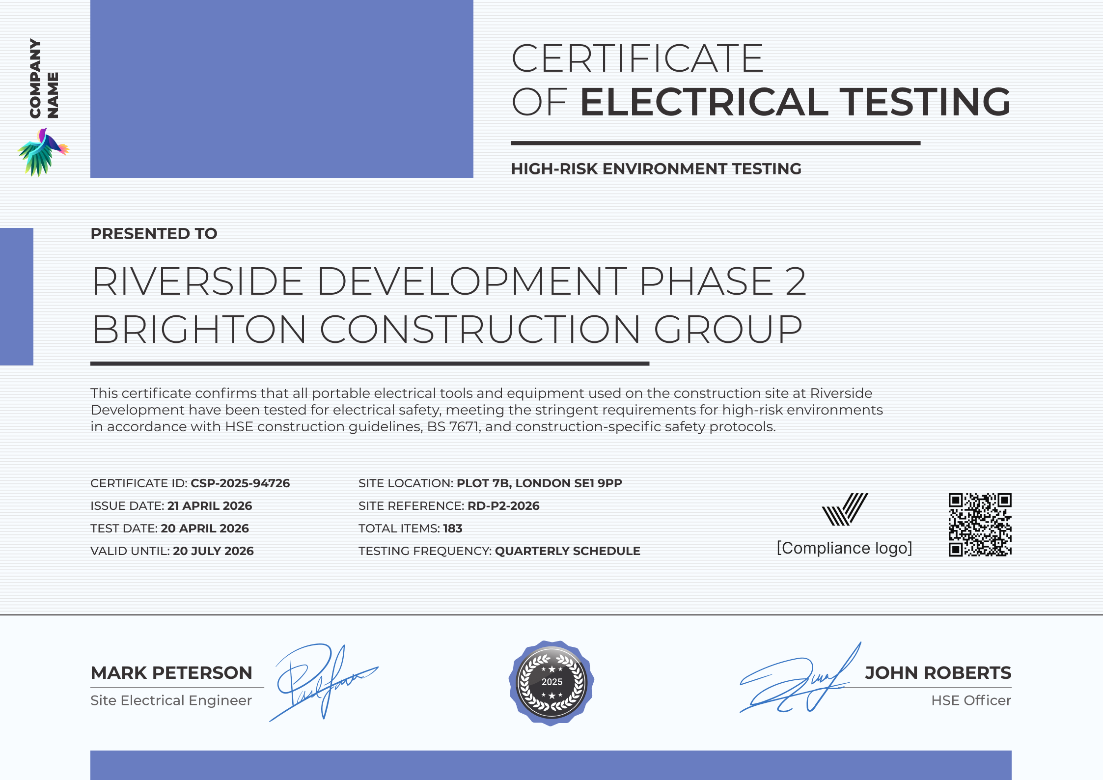 Modern and precise PAT testing certificate template