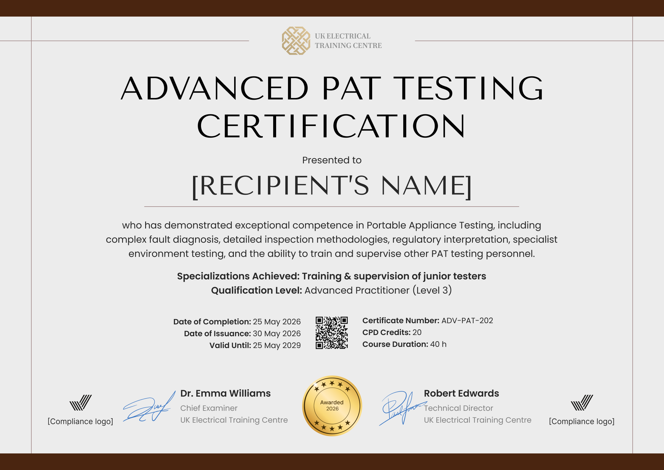 Simple and elevated PAT testing certificate template