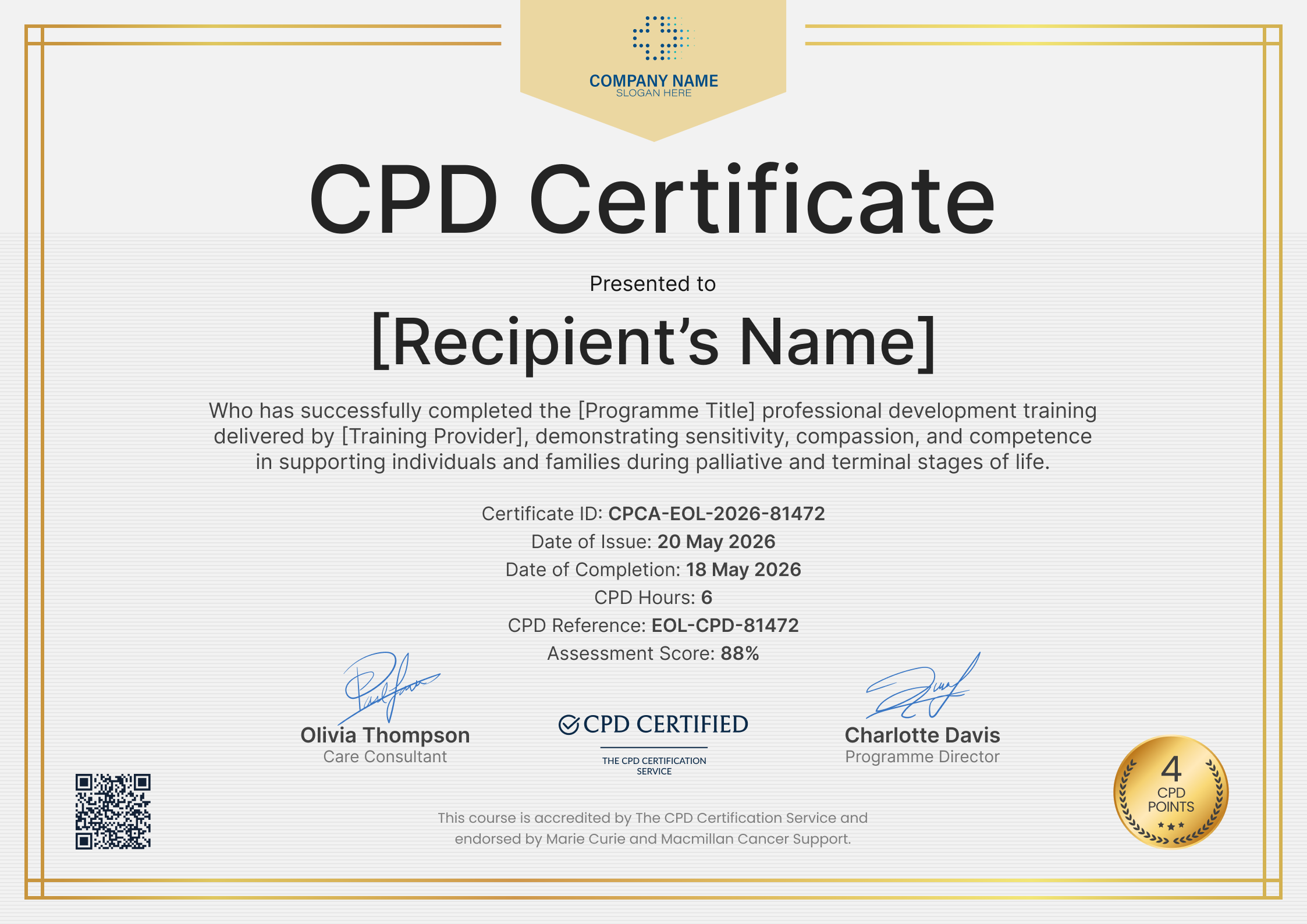 Warm and simple CPD carer certificate template