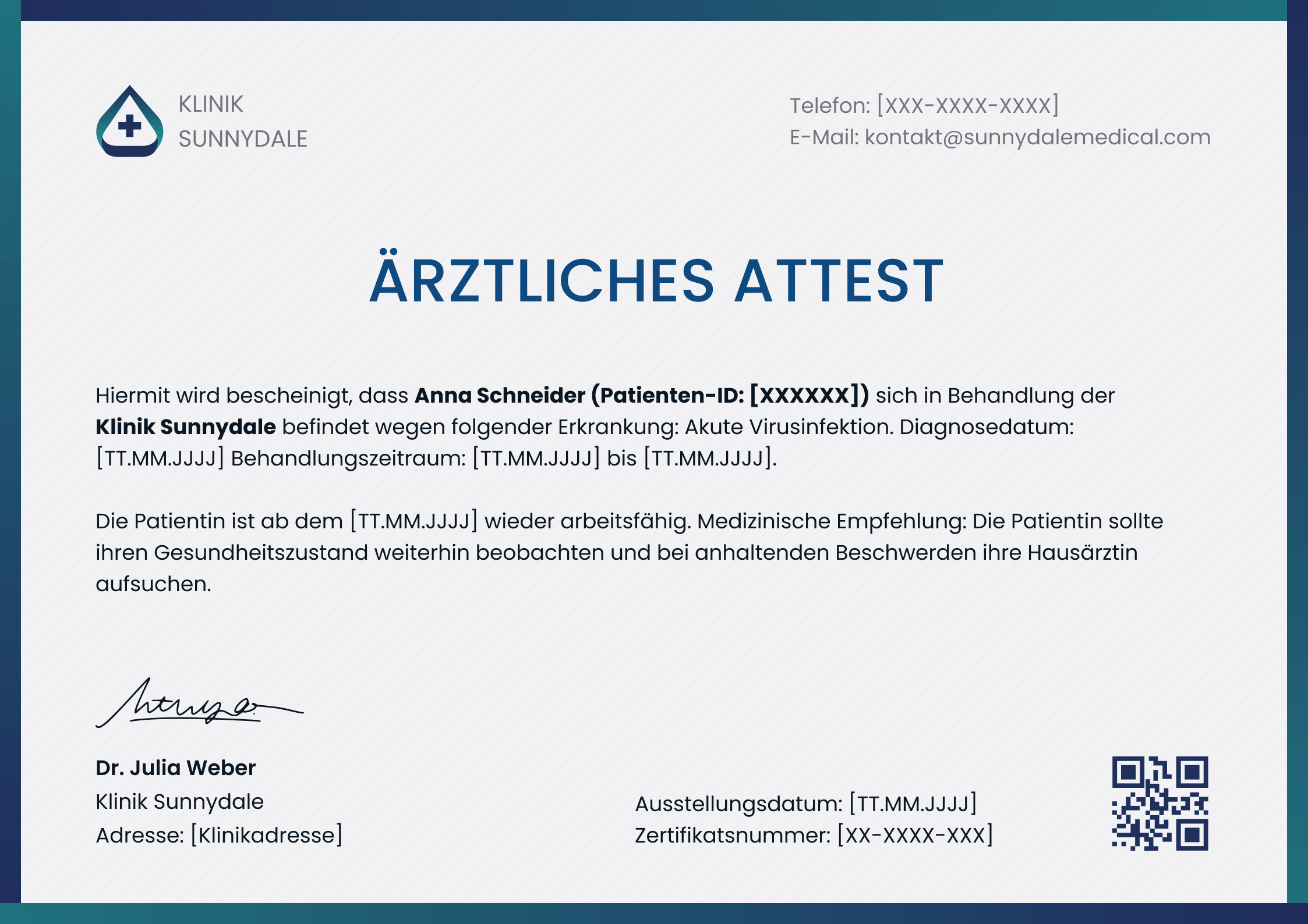 Professionelle schlichte ärztliches Attest Vorlage