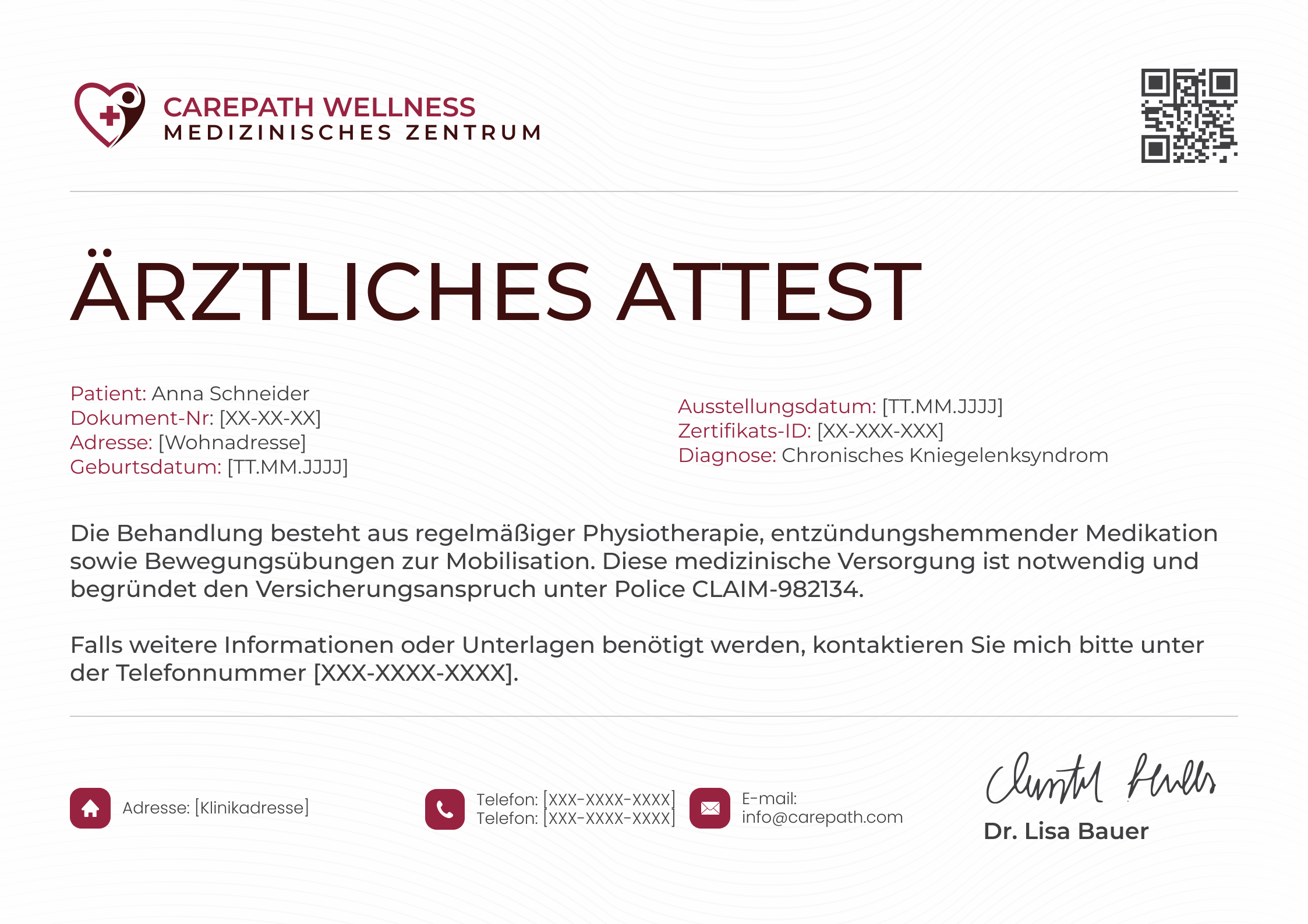 Professionelle klare ärztliches Attest Vorlage