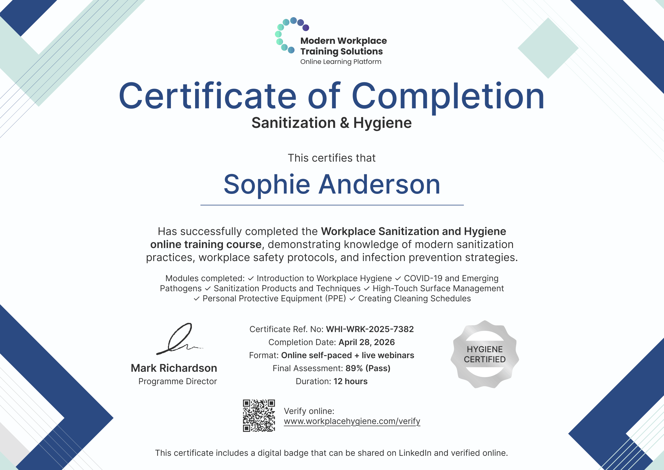 Modern and crisp sanitization training certificate template
