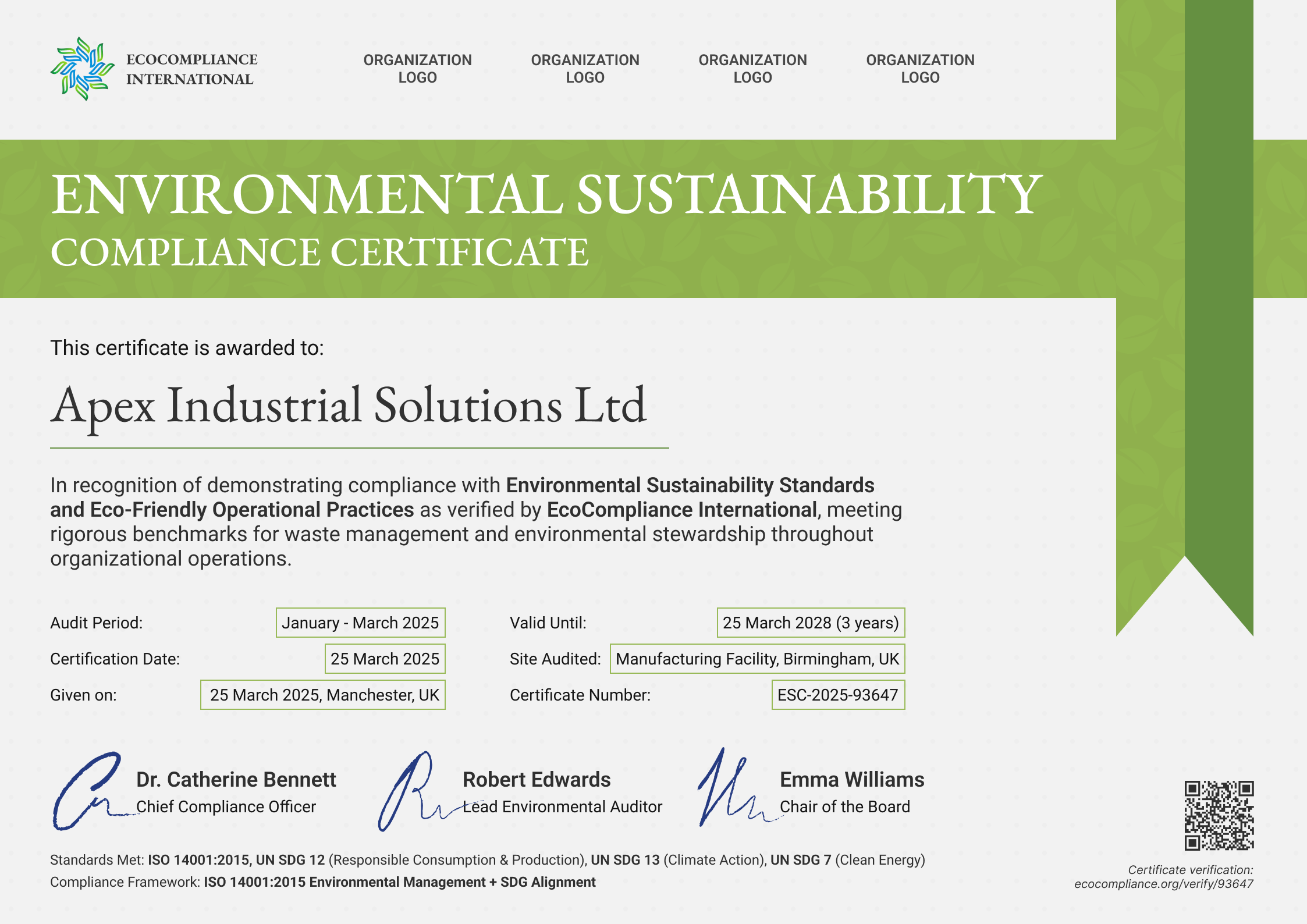 Formal and refined sustainable development certificate template