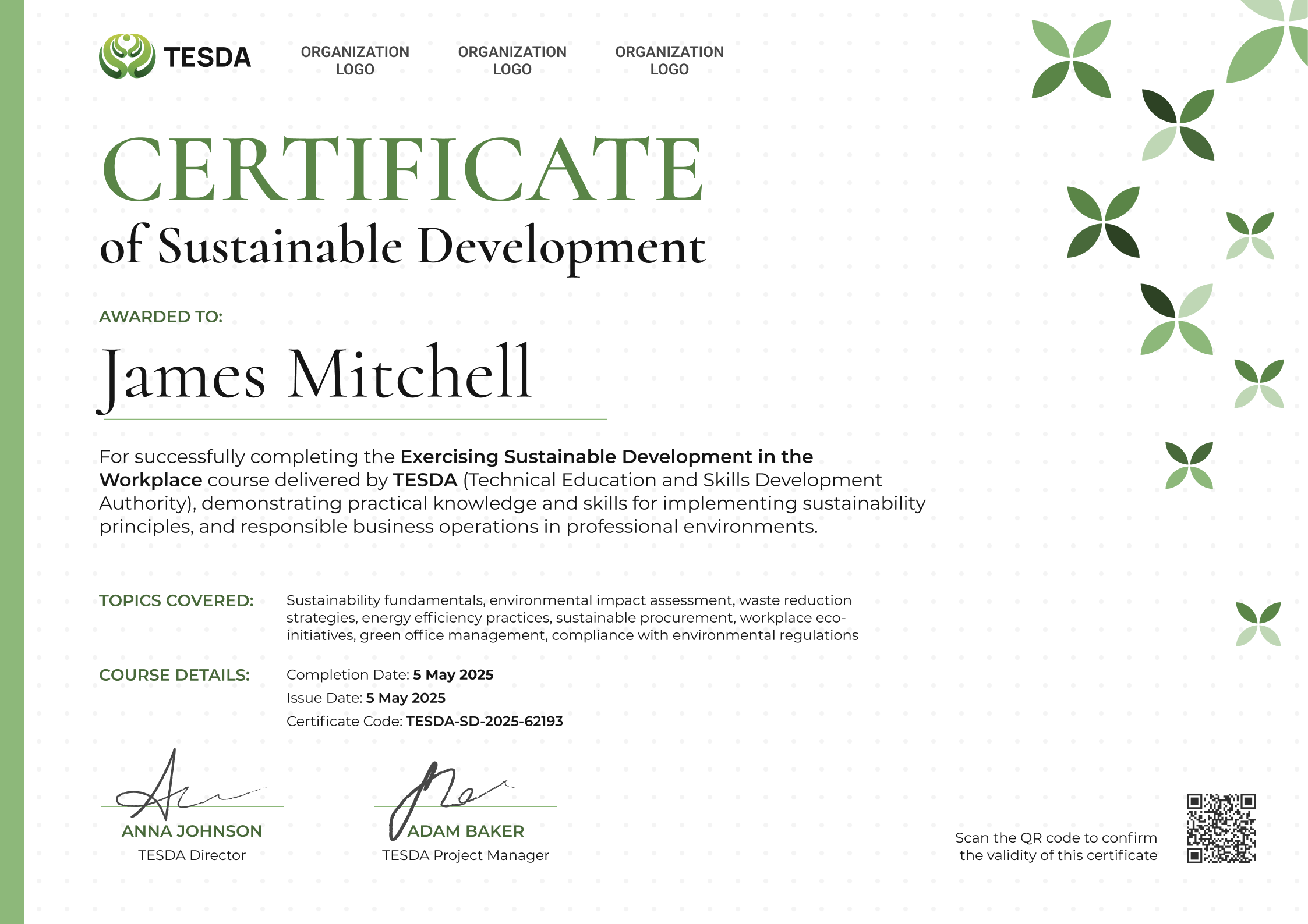 Simple and fresh sustainable development certificate template