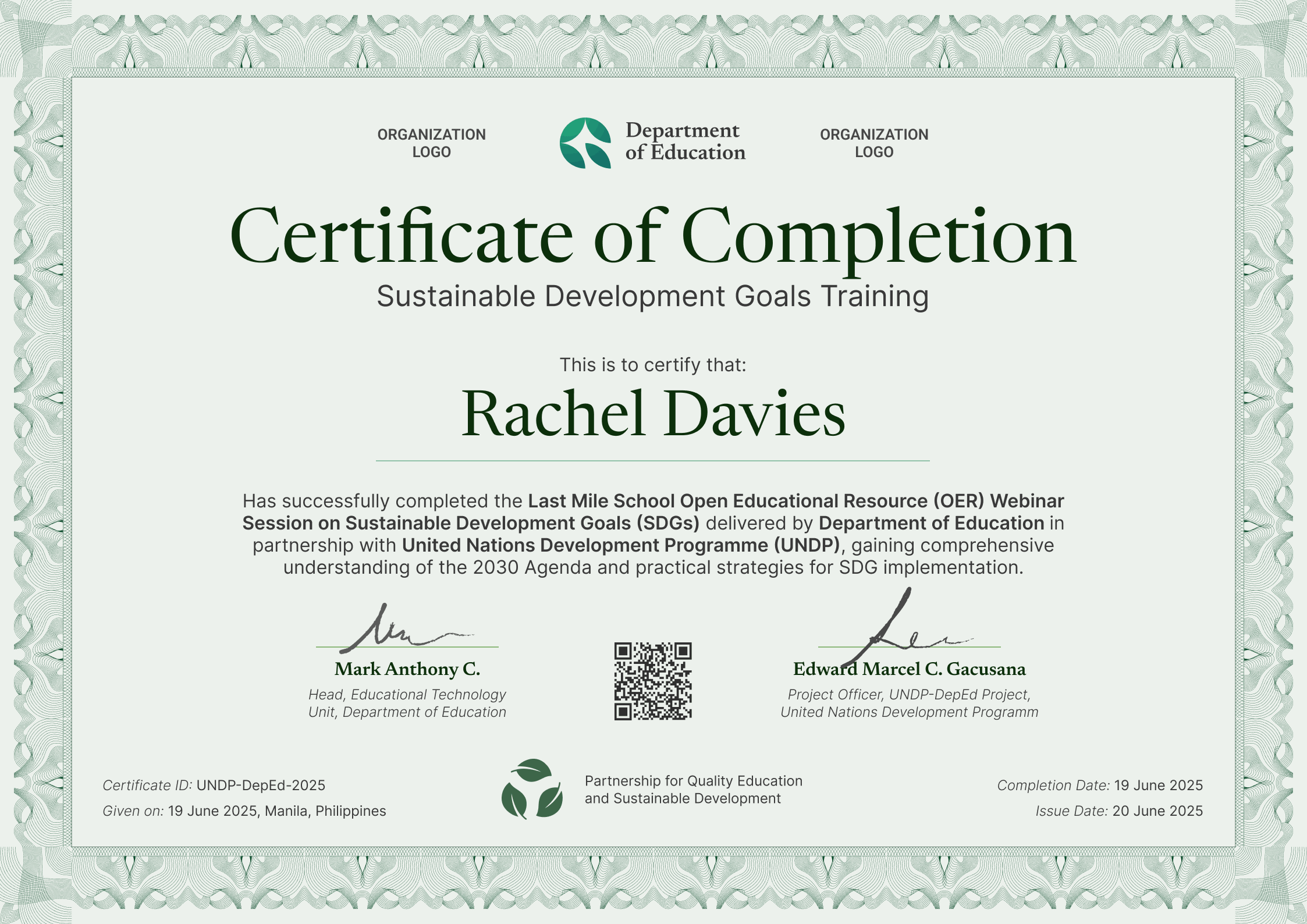 Professional and bold sustainable development certificate template