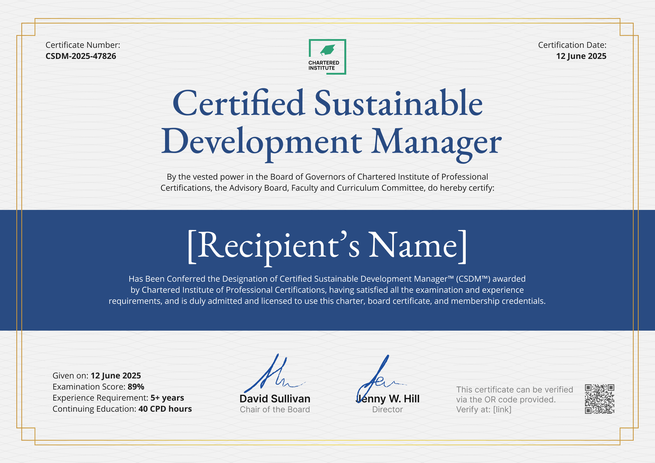 Professional and structured sustainable development certificate template