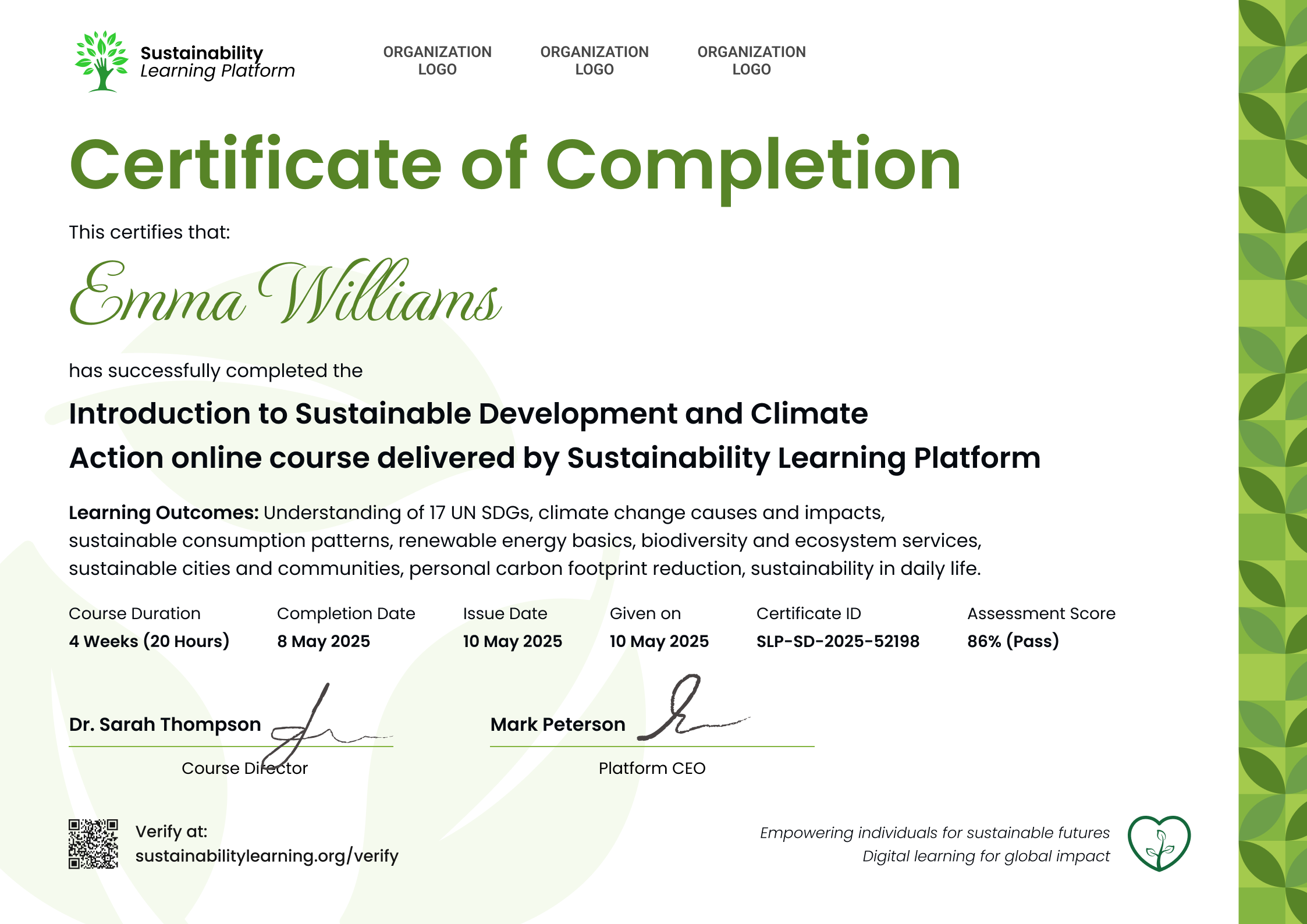 Simple and honest sustainable development certificate template