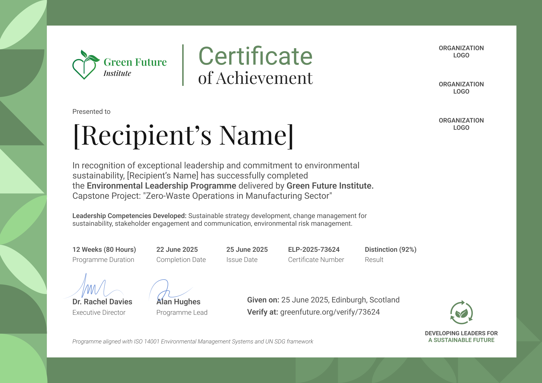 Simple and balanced sustainable development certificate template