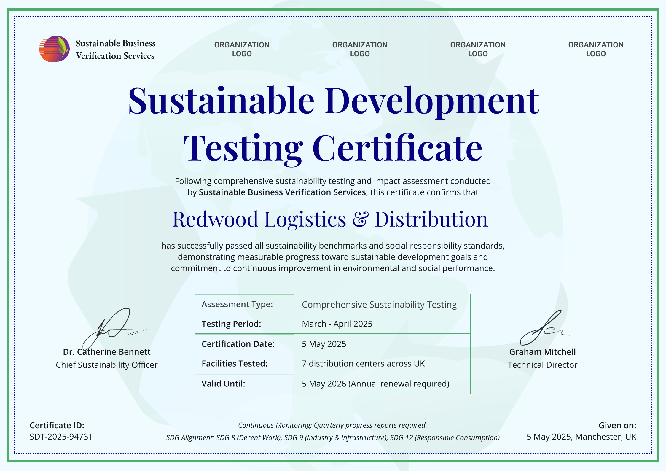Professional and clear sustainable development testing certificate template