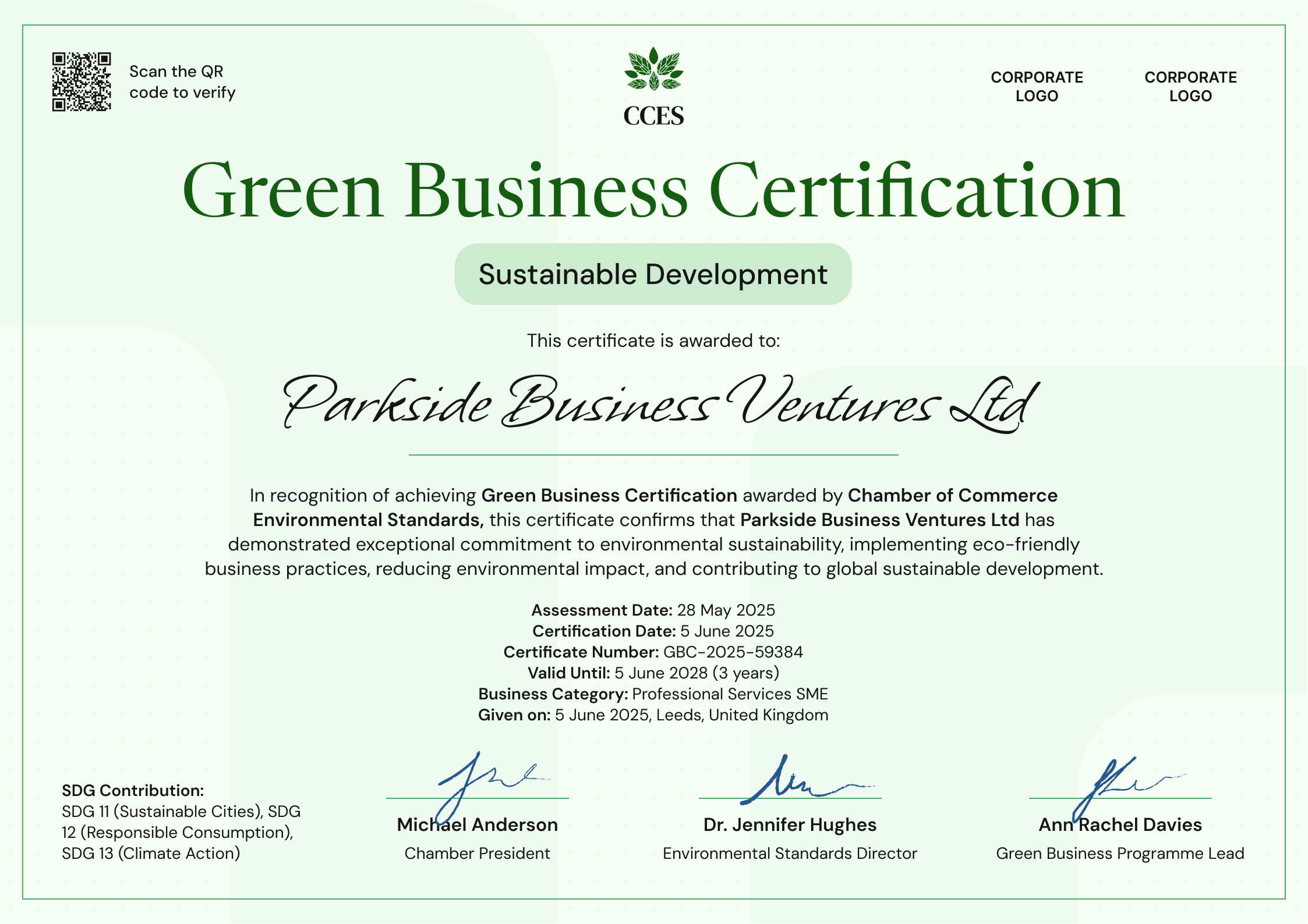 Formal and established sustainable development certificate template