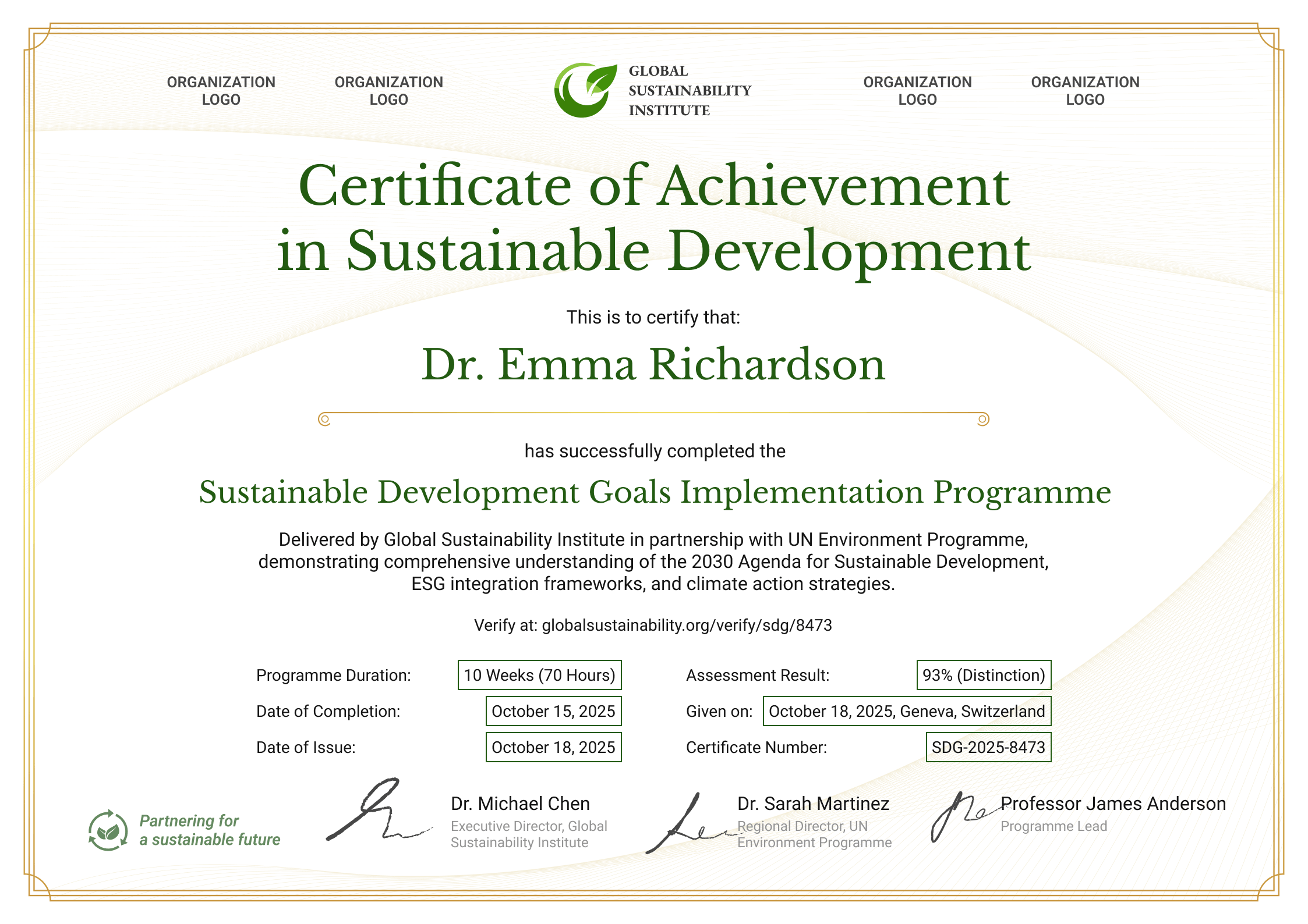 Formal and grounded sustainable development certificate template