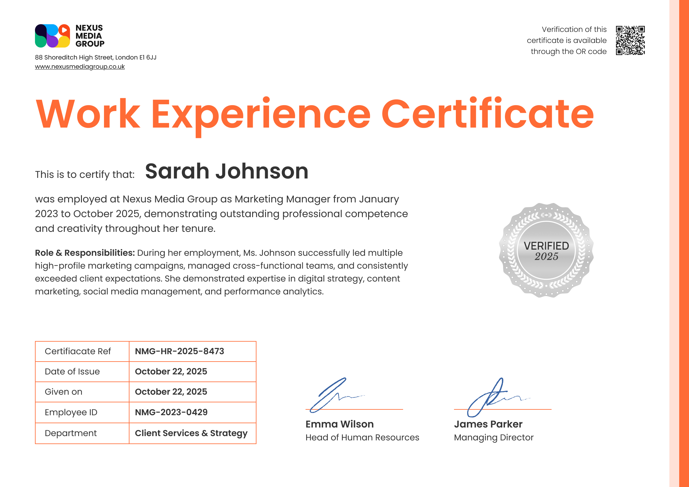 Template For Work Experience Certificate