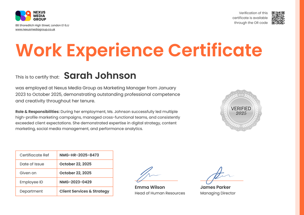 Example Of Work Experience Certificate