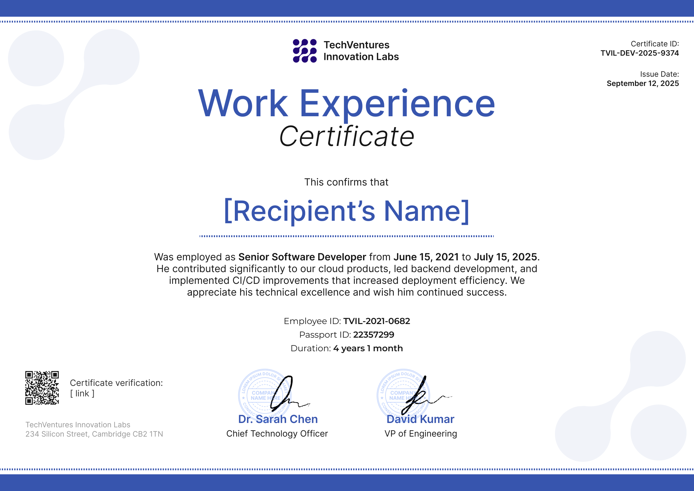 Simple and trusted work experience certificate template