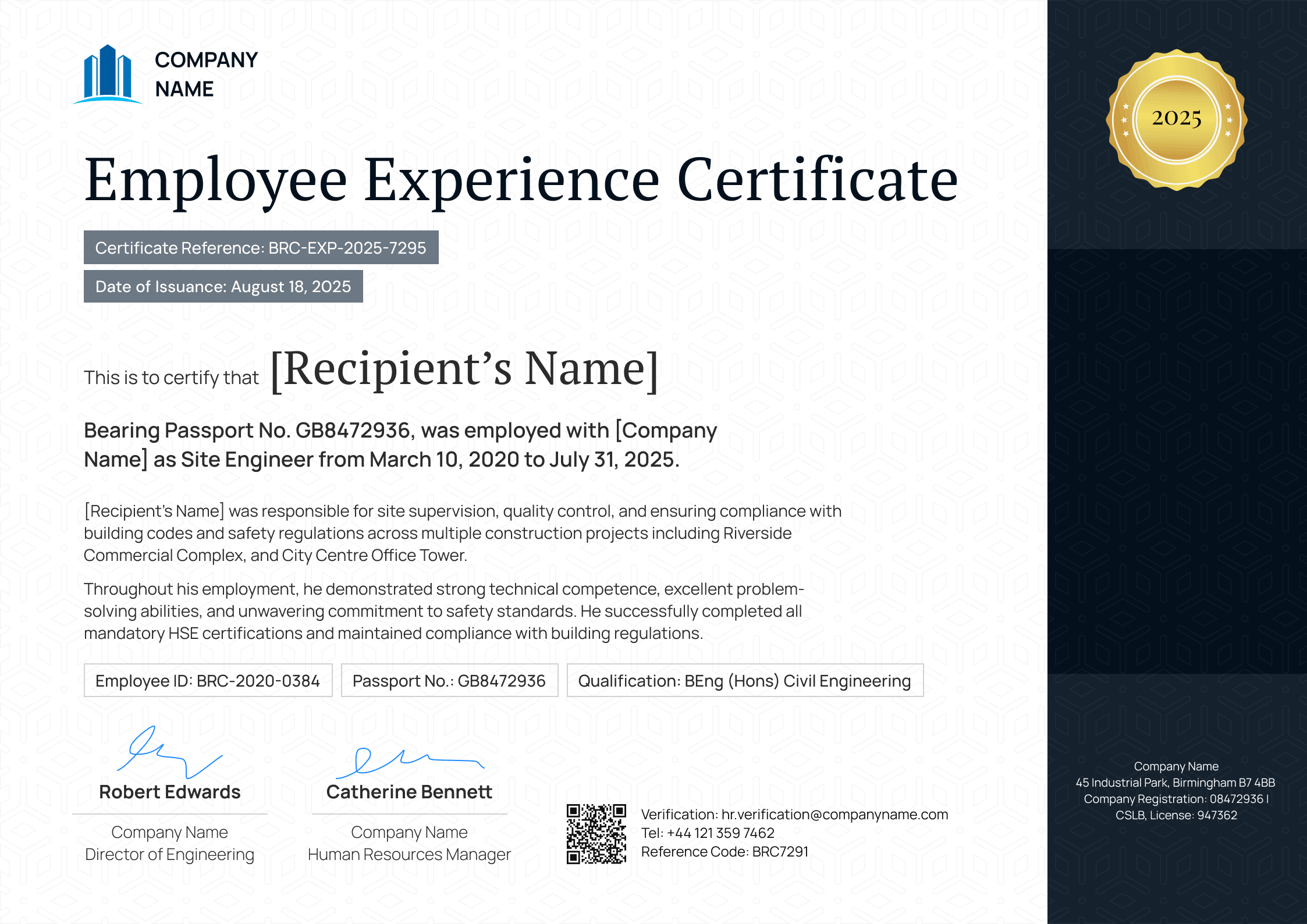 Professional and bold work experience certificate template