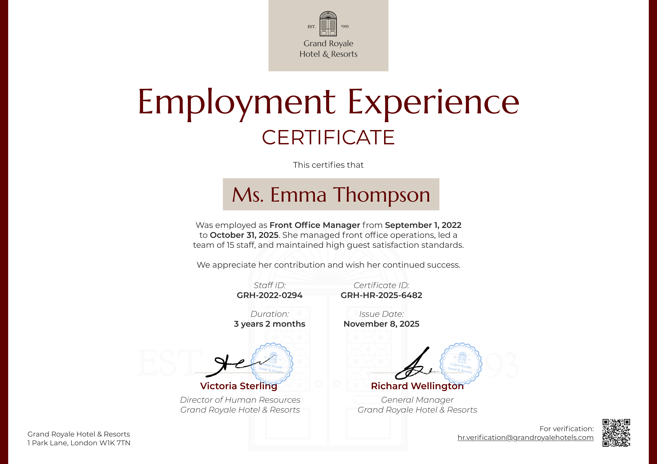 Simple and neutral work experience certificate template