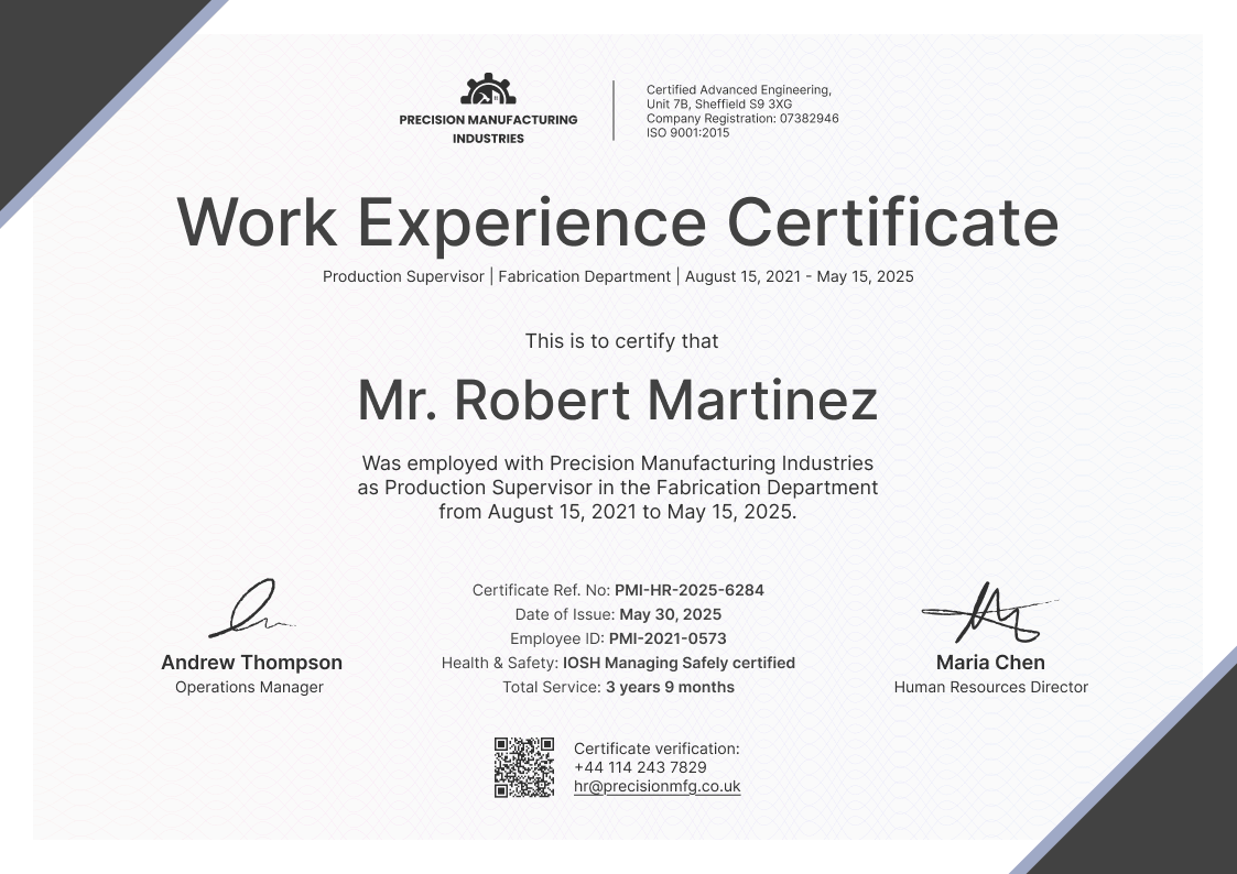 Professional and balanced work experience certificate template