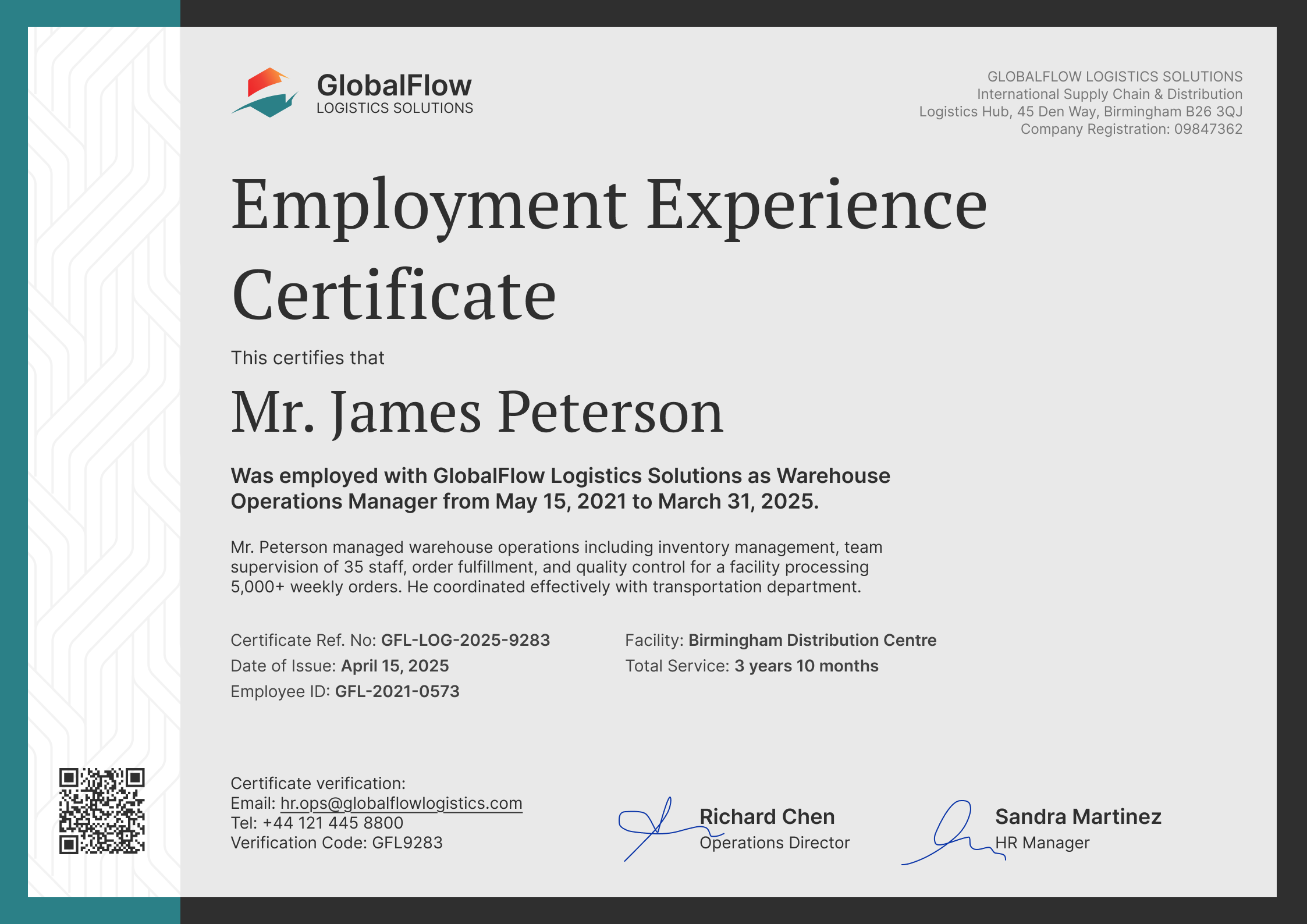 Simple and calm work experience certificate template