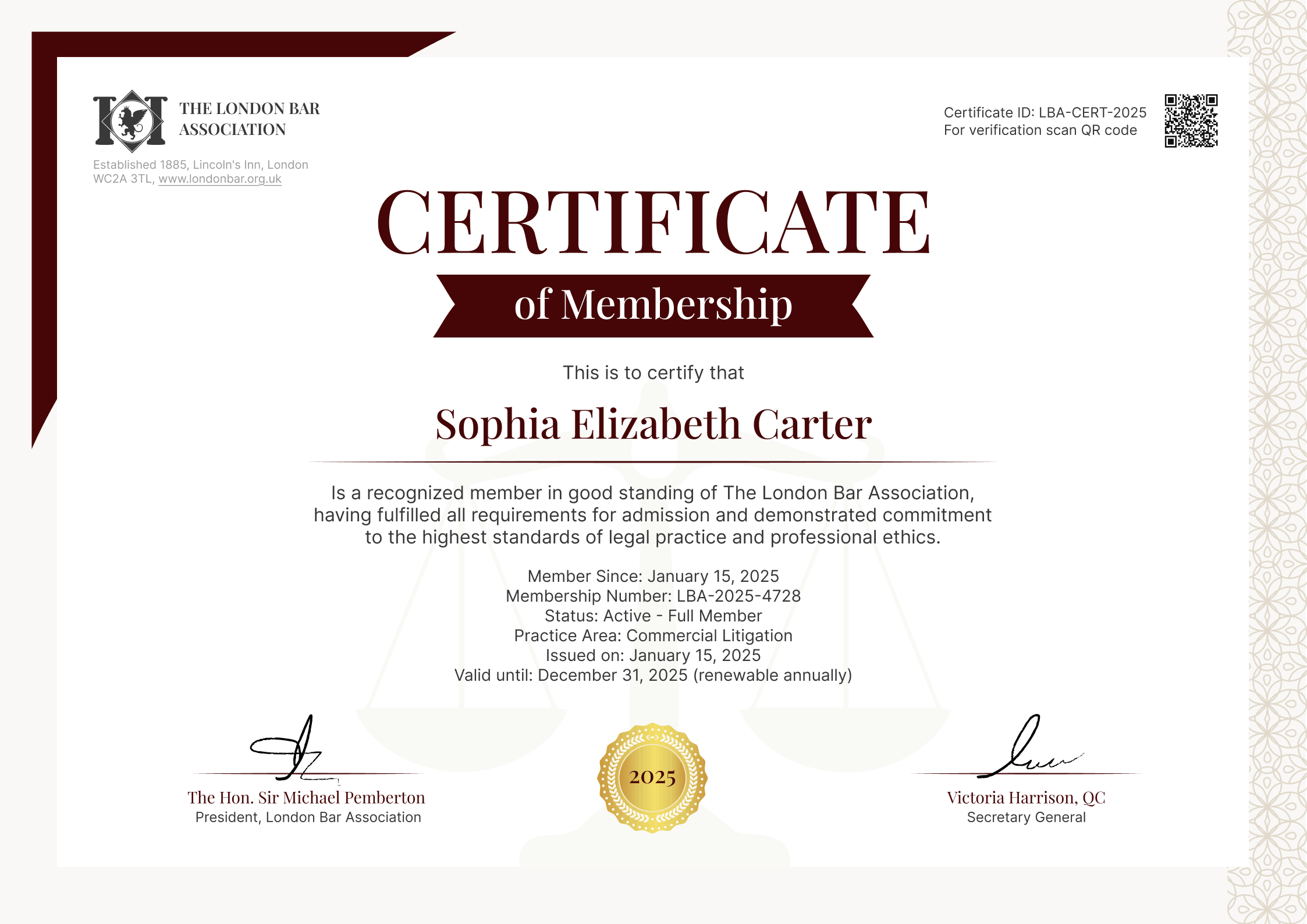 Professional and refined lawyer certificate template