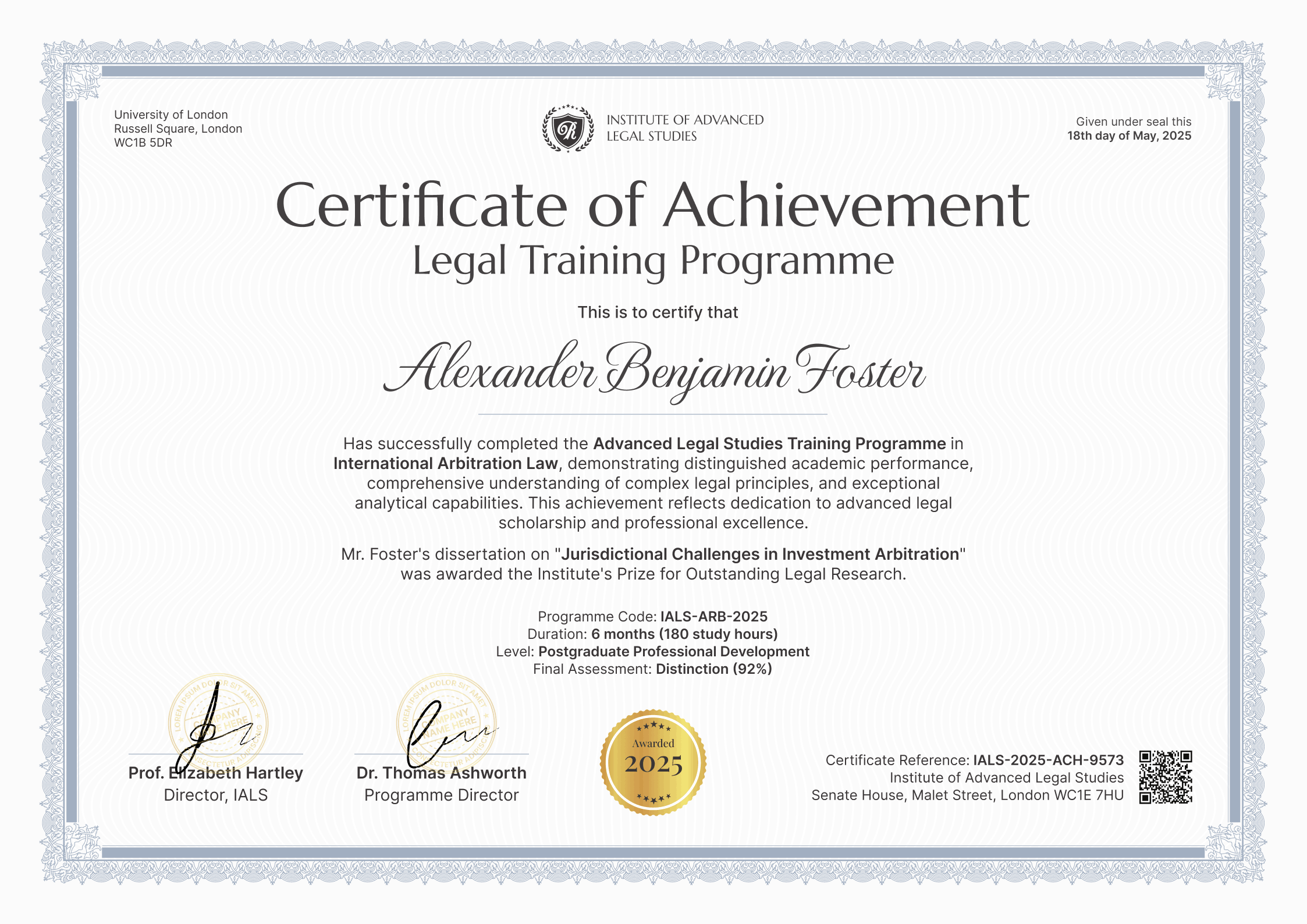 Formal and classic lawyer certificate template