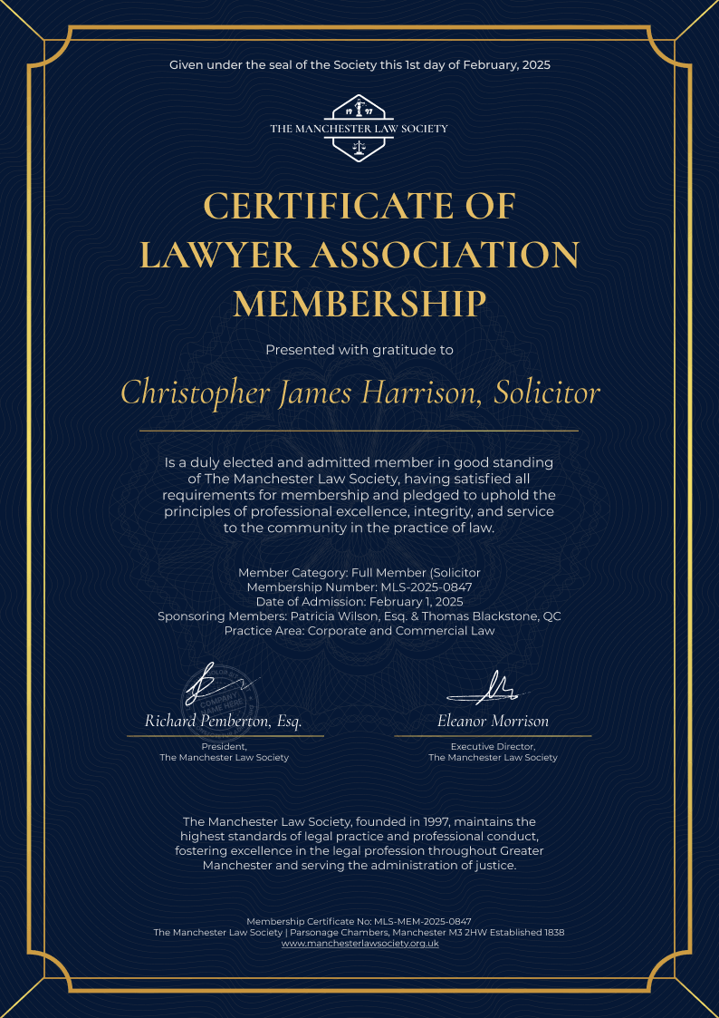 Professional and structured lawyer certificate template