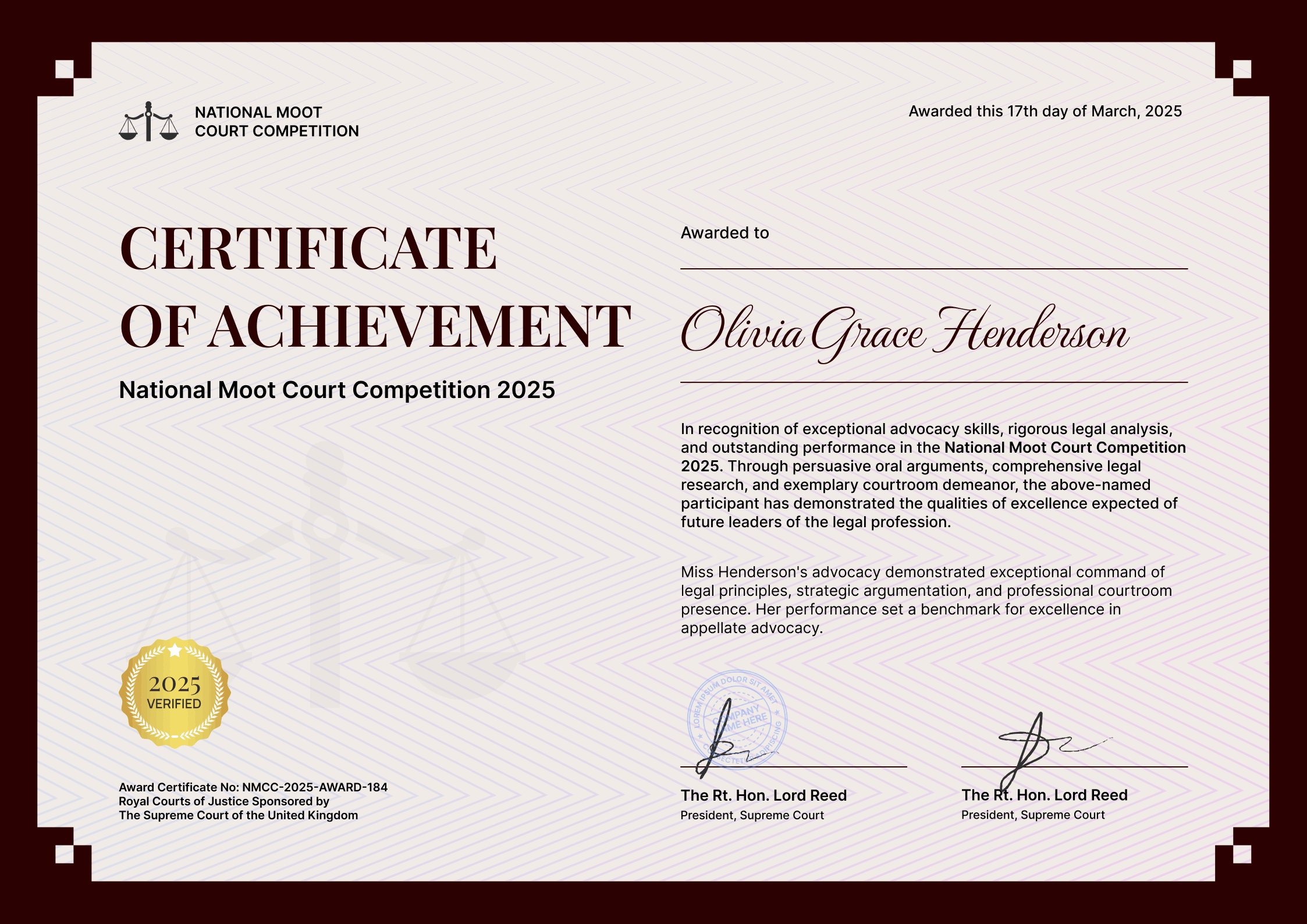 Formal and sharp lawyer certificate template