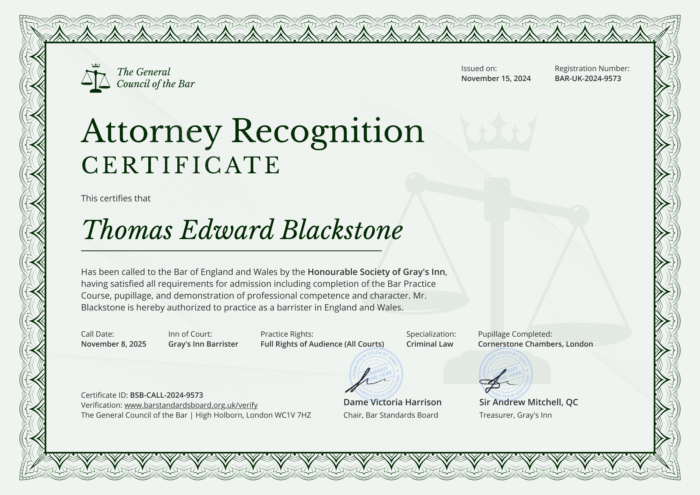 Formal and balanced lawyer certificate template
