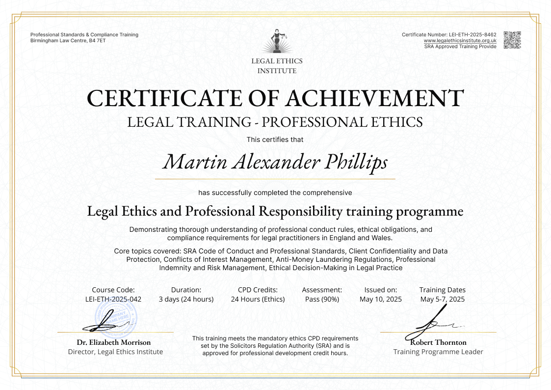 Formal and accredited legal ethics lawyer certificate template