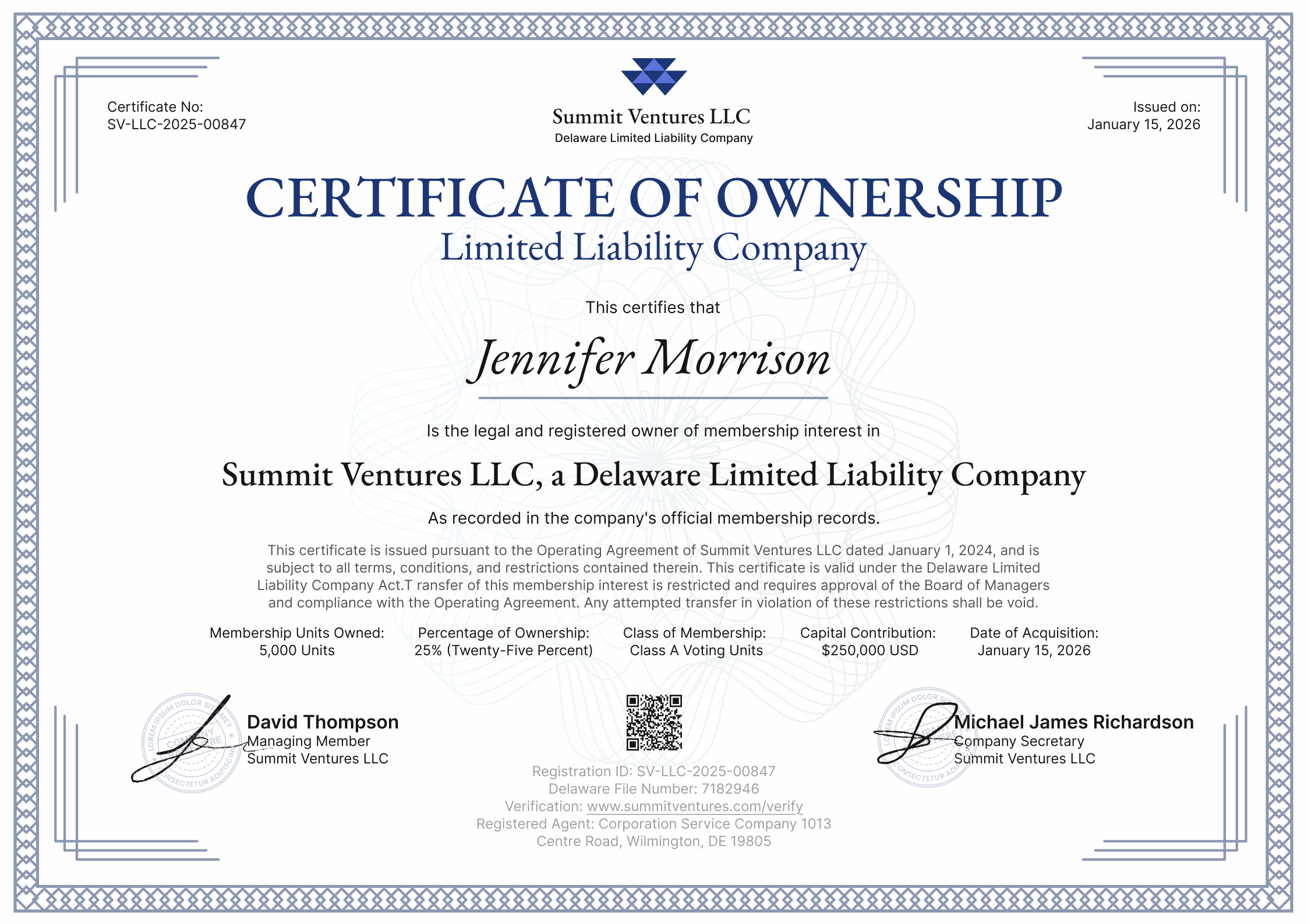 Formal and classic certificate of ownership template