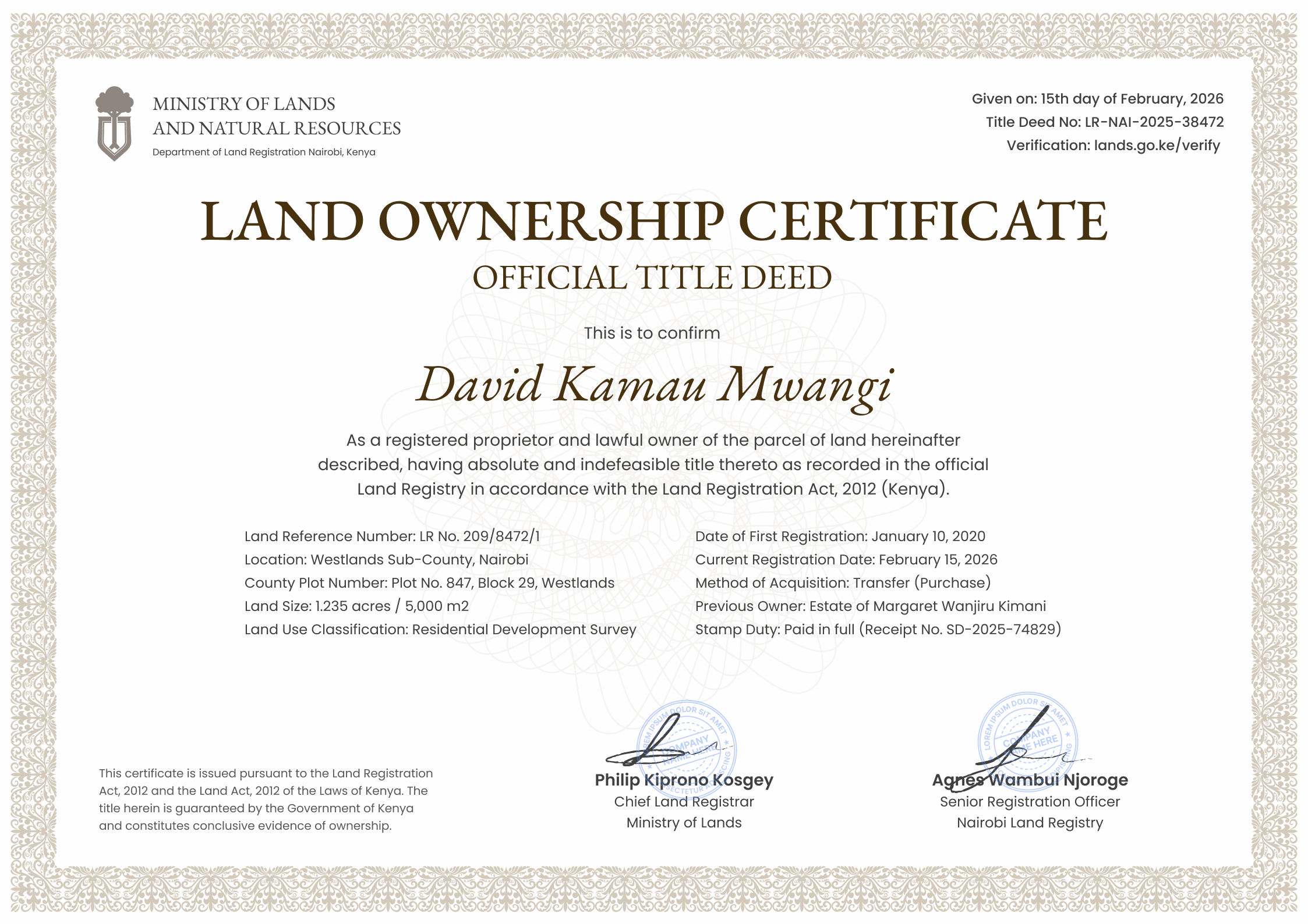 Professional and traditional certificate of ownership template