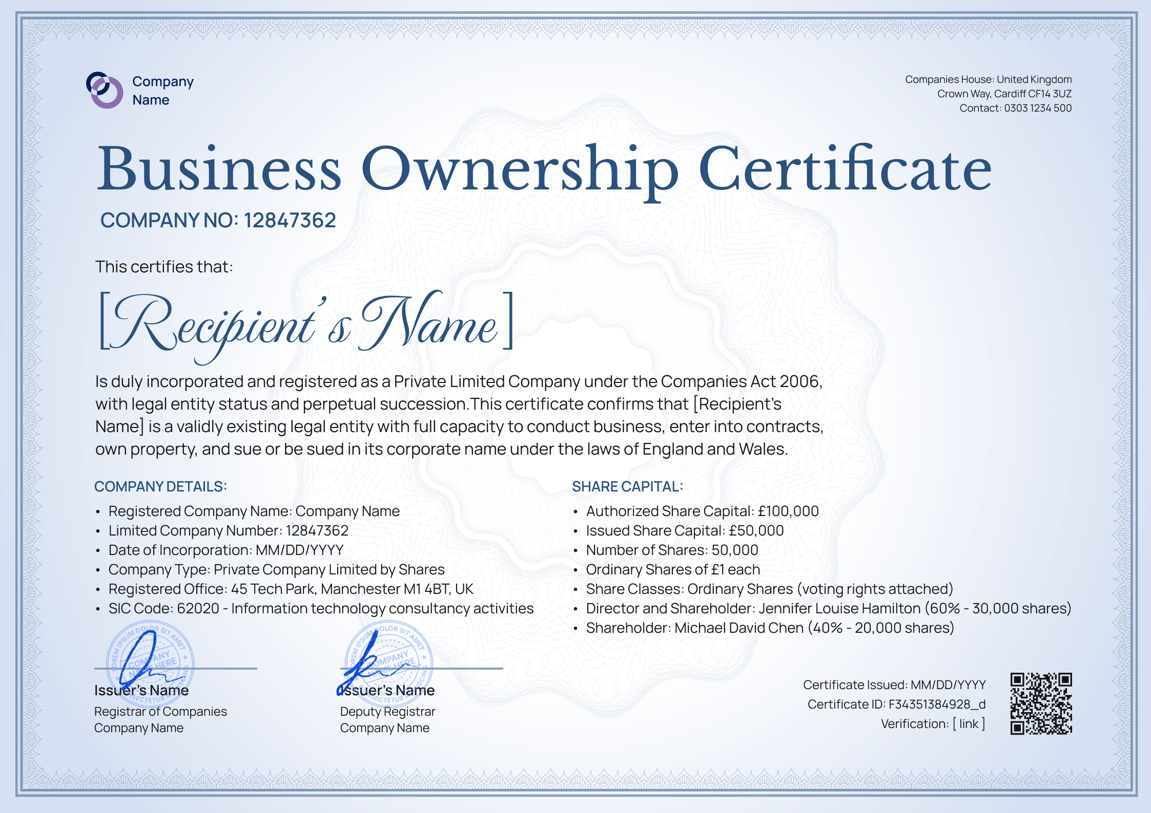 Formal and distinguished certificate of ownership template