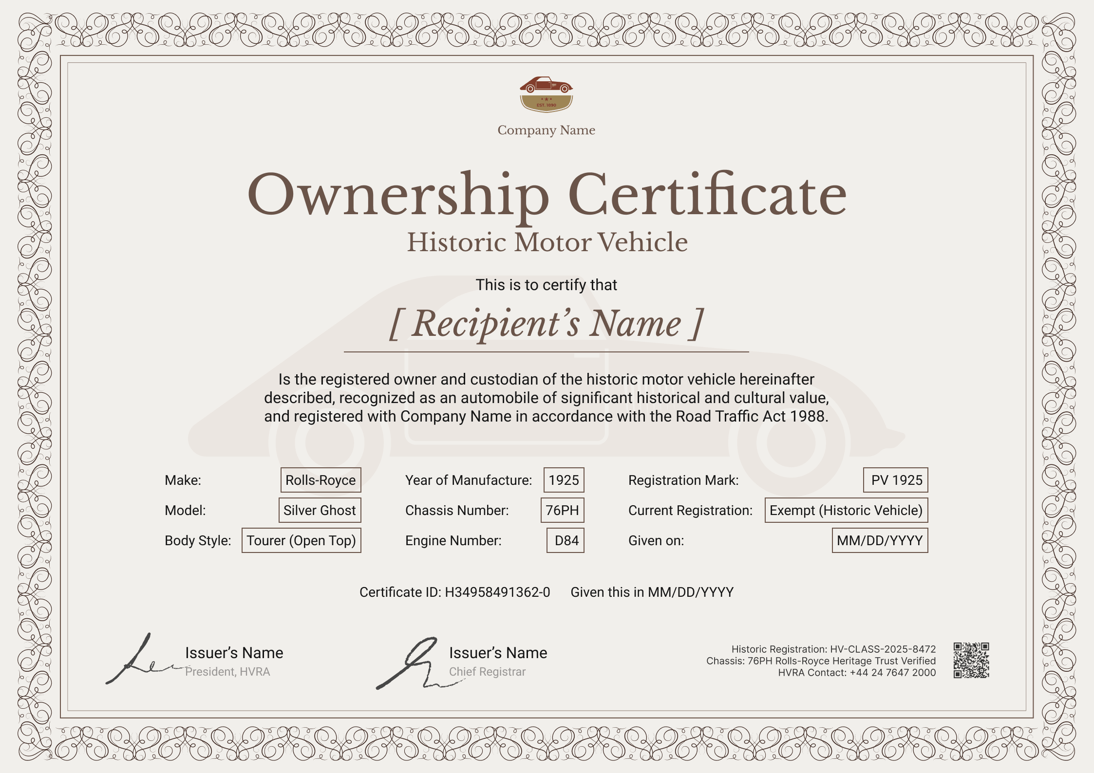 Professional and timeless certificate of ownership template