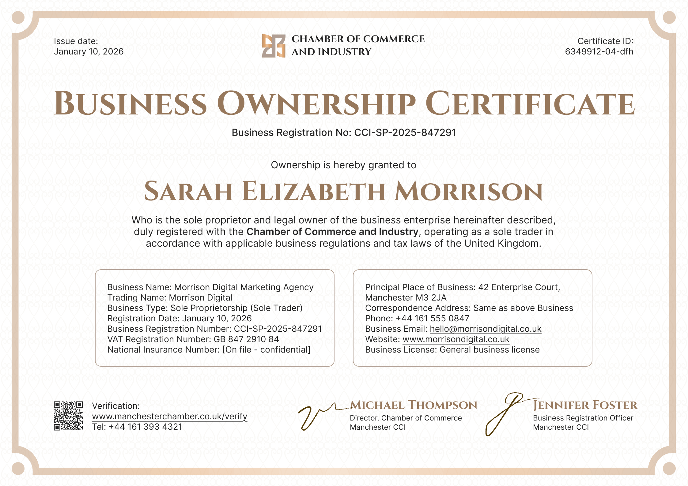 Trusted and formal certificate of ownership template