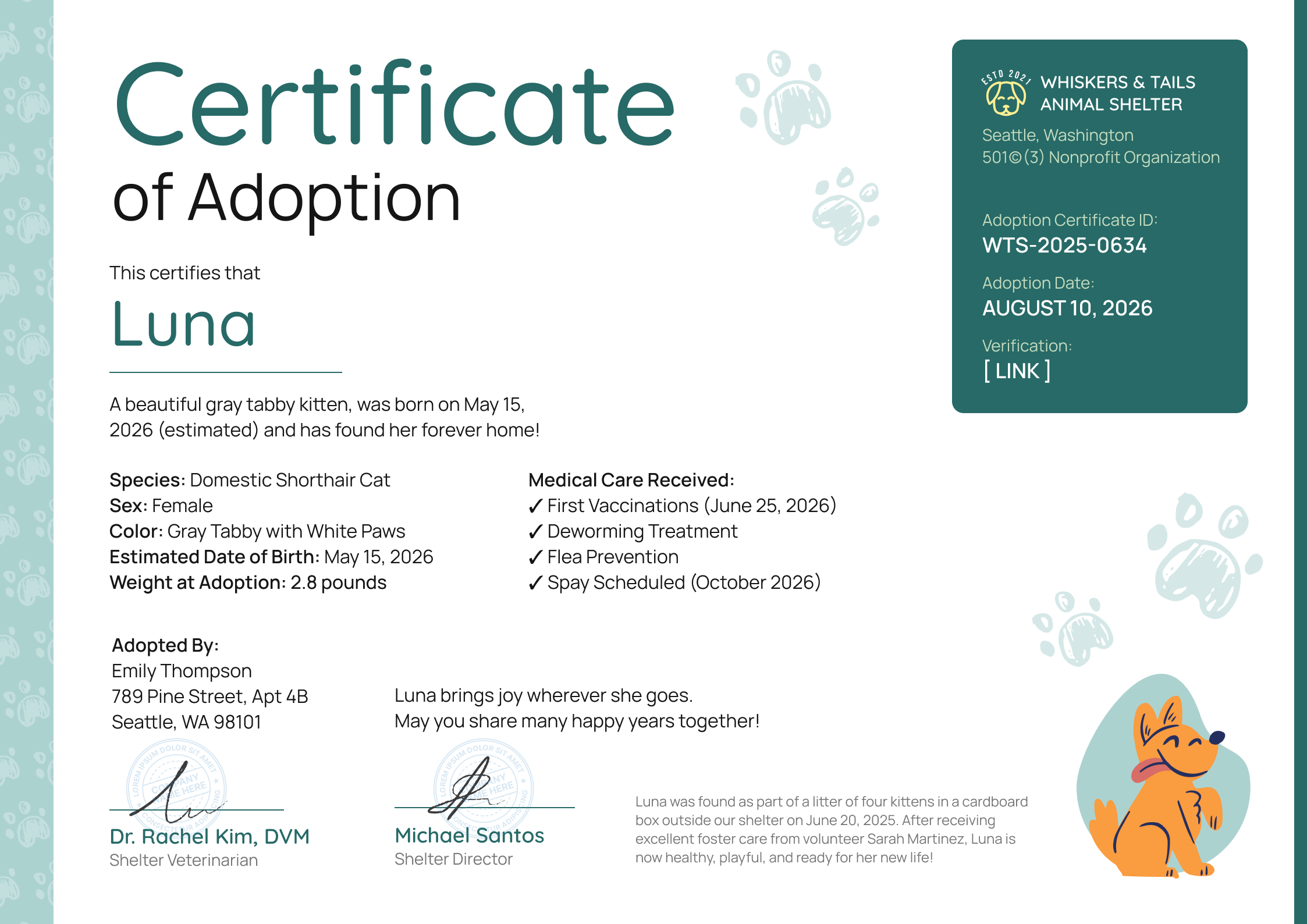 Simple and gentle cat birth certificate template