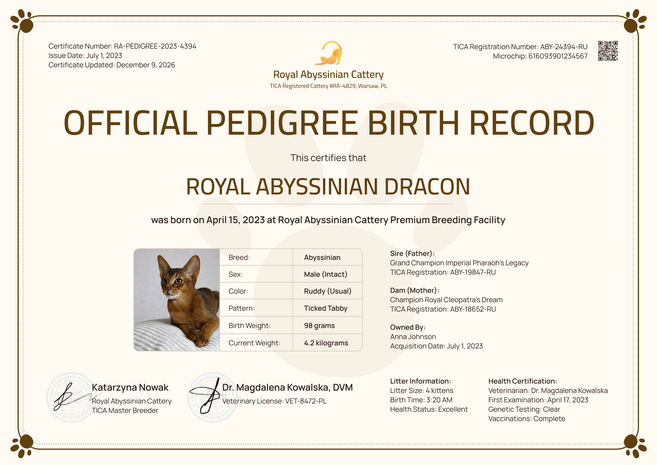 Professional and elegant cat birth certificate template
