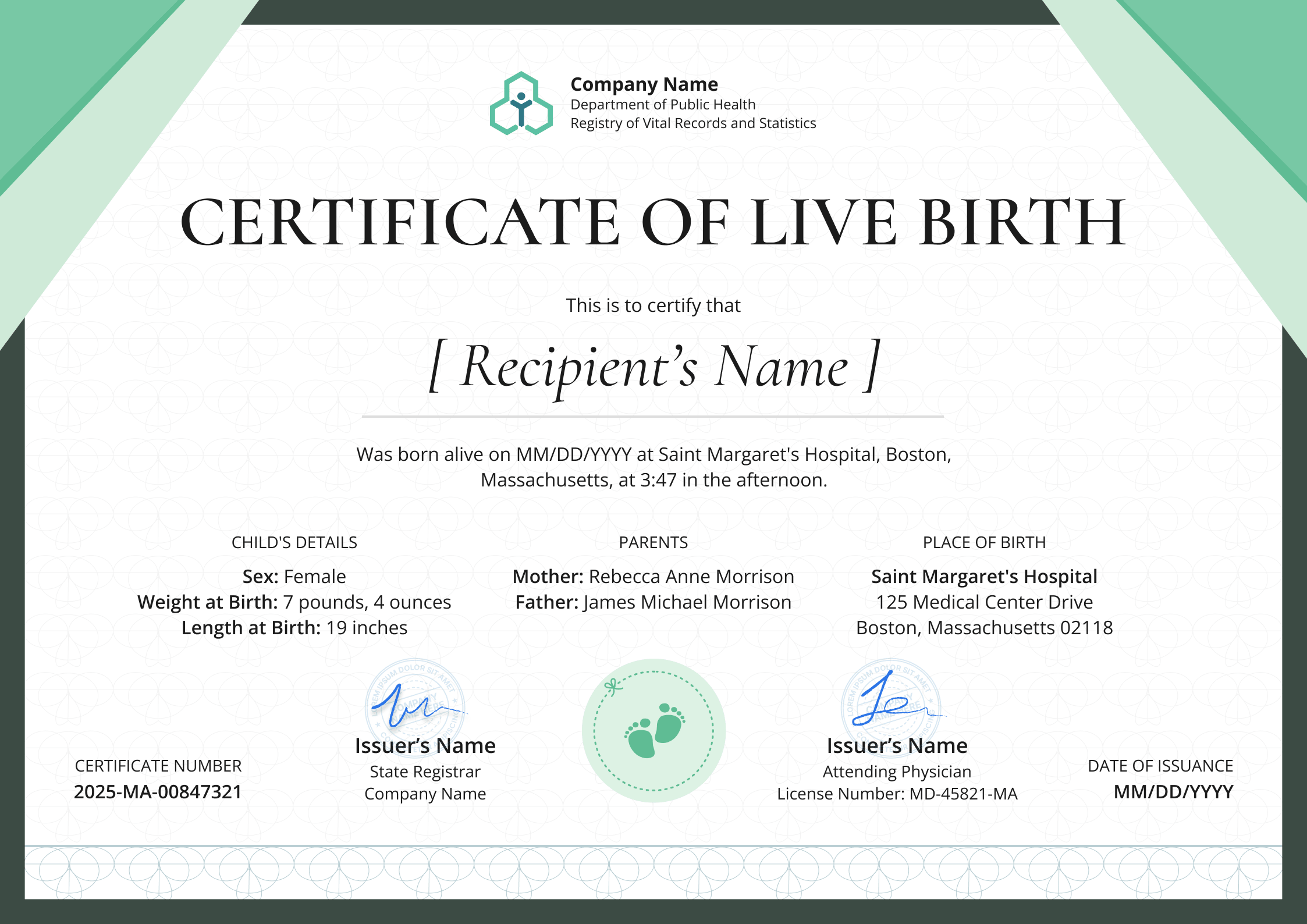Professional and refined baby birth certificate template