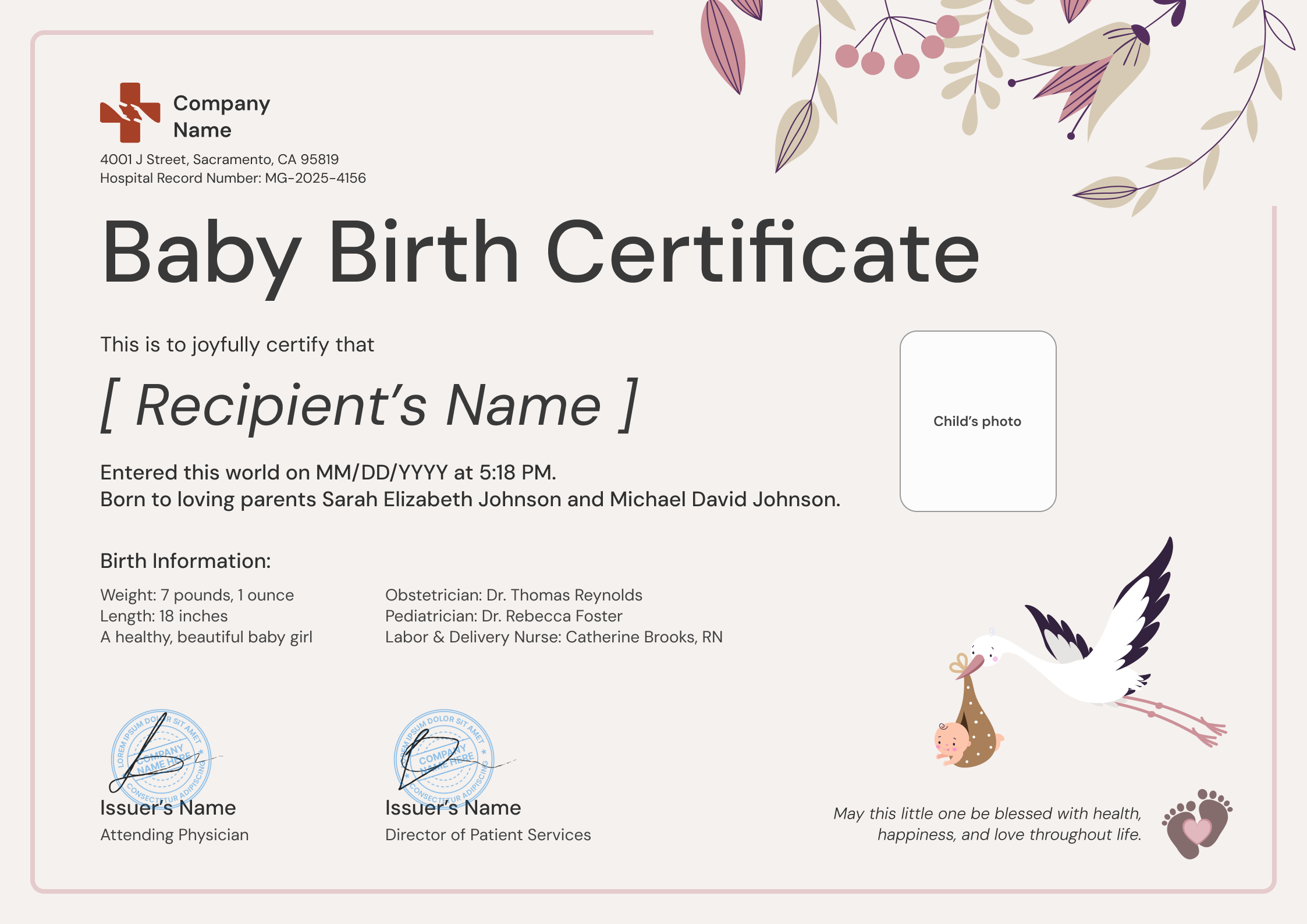 Simple and delicate baby birth certificate template