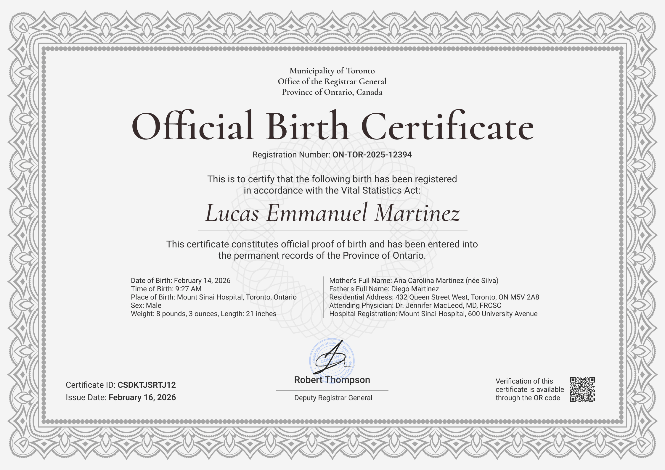 Professional and calm official birth certificate template