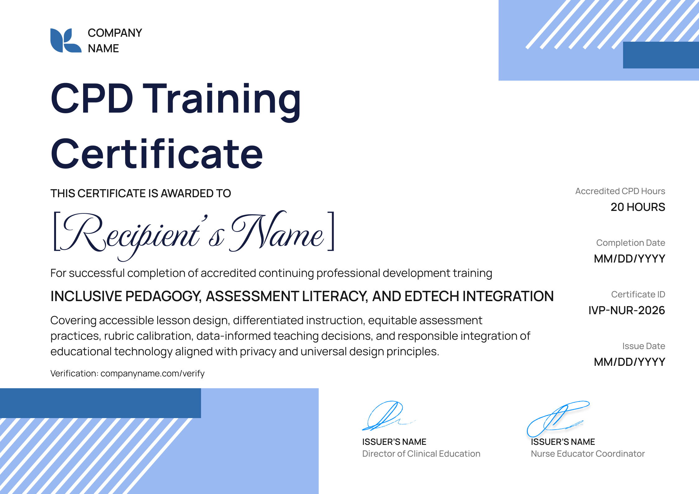 Calm and blue CPD training certificate template