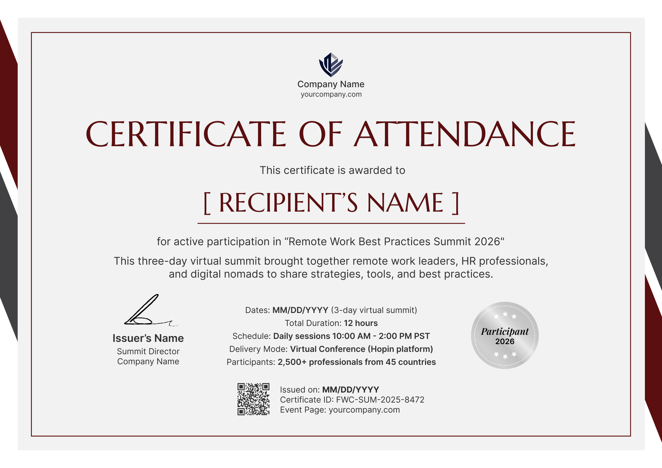 Traditional certificate of attendance template in red tones