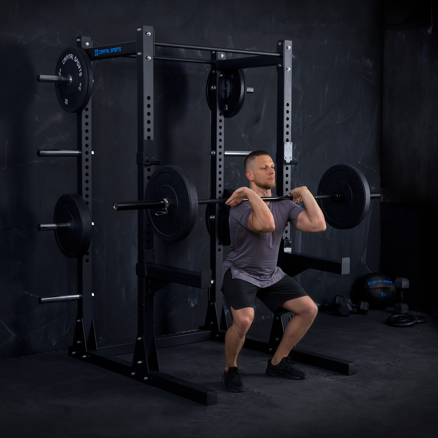 CAPITAL SPORTS Bestride Power Rack 2 safety spotters 2 J-cups 2 pull up ...