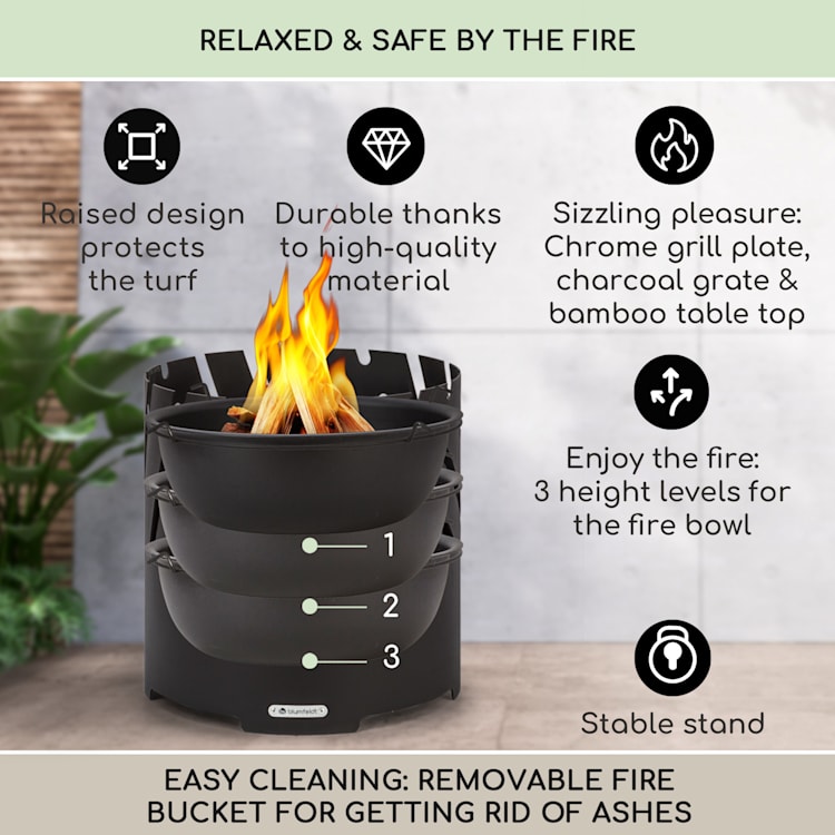 Crown Fire Bowl with Grill 3-in-1 | Ø Fire Bowl: 46 cm | Weatherproof Black