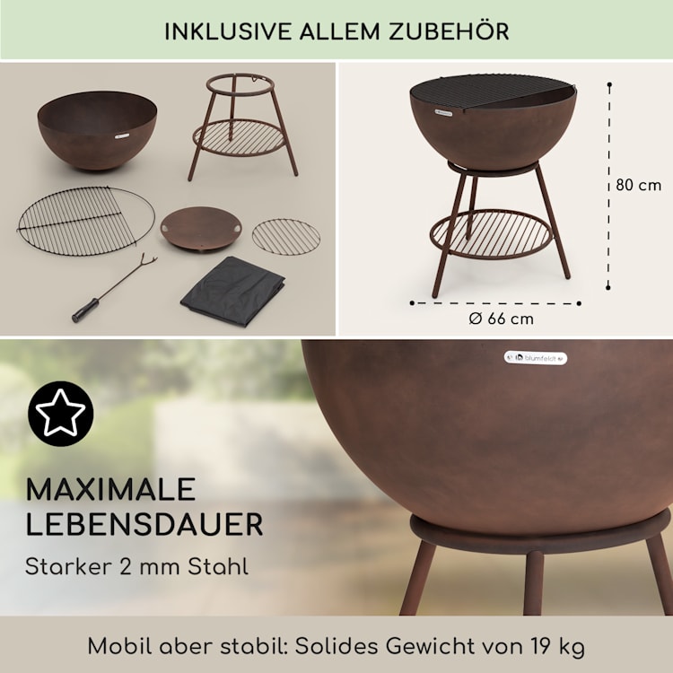 Azuma Feuerschale | Ø 66 cm | Feuerstelle & Grill | solide 2 mm starke ...