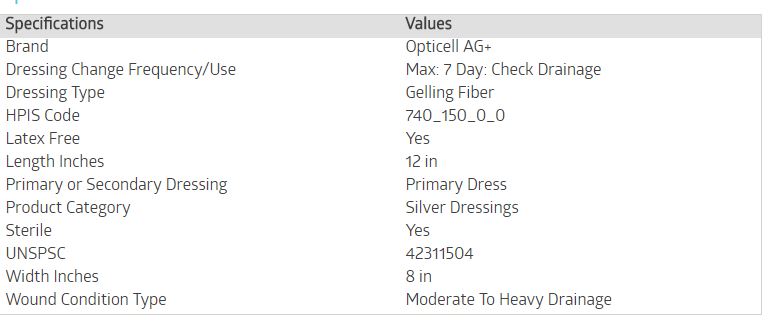 Medline MSC98812EP - DRESSING, GEL FIBER, OPTICELL AG+, 8 X 12, 5/BX ...